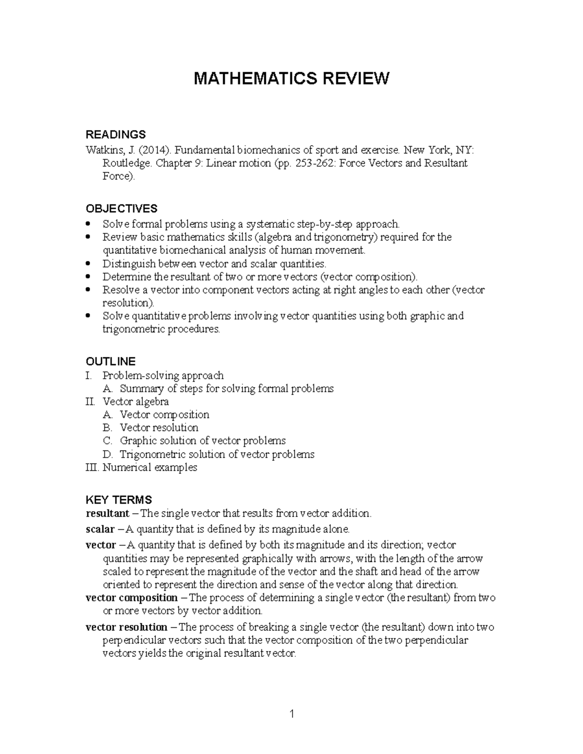 Mathematics Review lecture outline - MATHEMATICS REVIEW READINGS ...