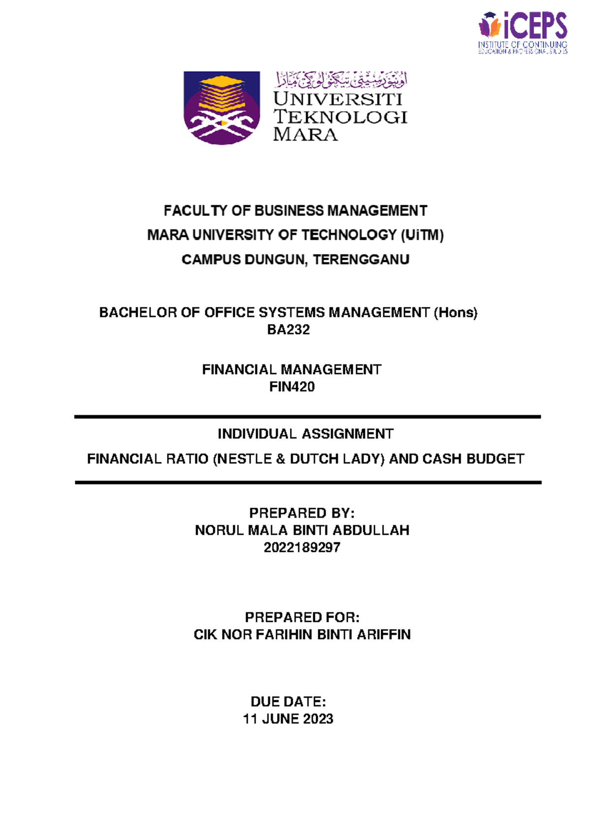 Individual Assignment FIN420 - BACHELOR OF OFFICE SYSTEMS MANAGEMENT ...