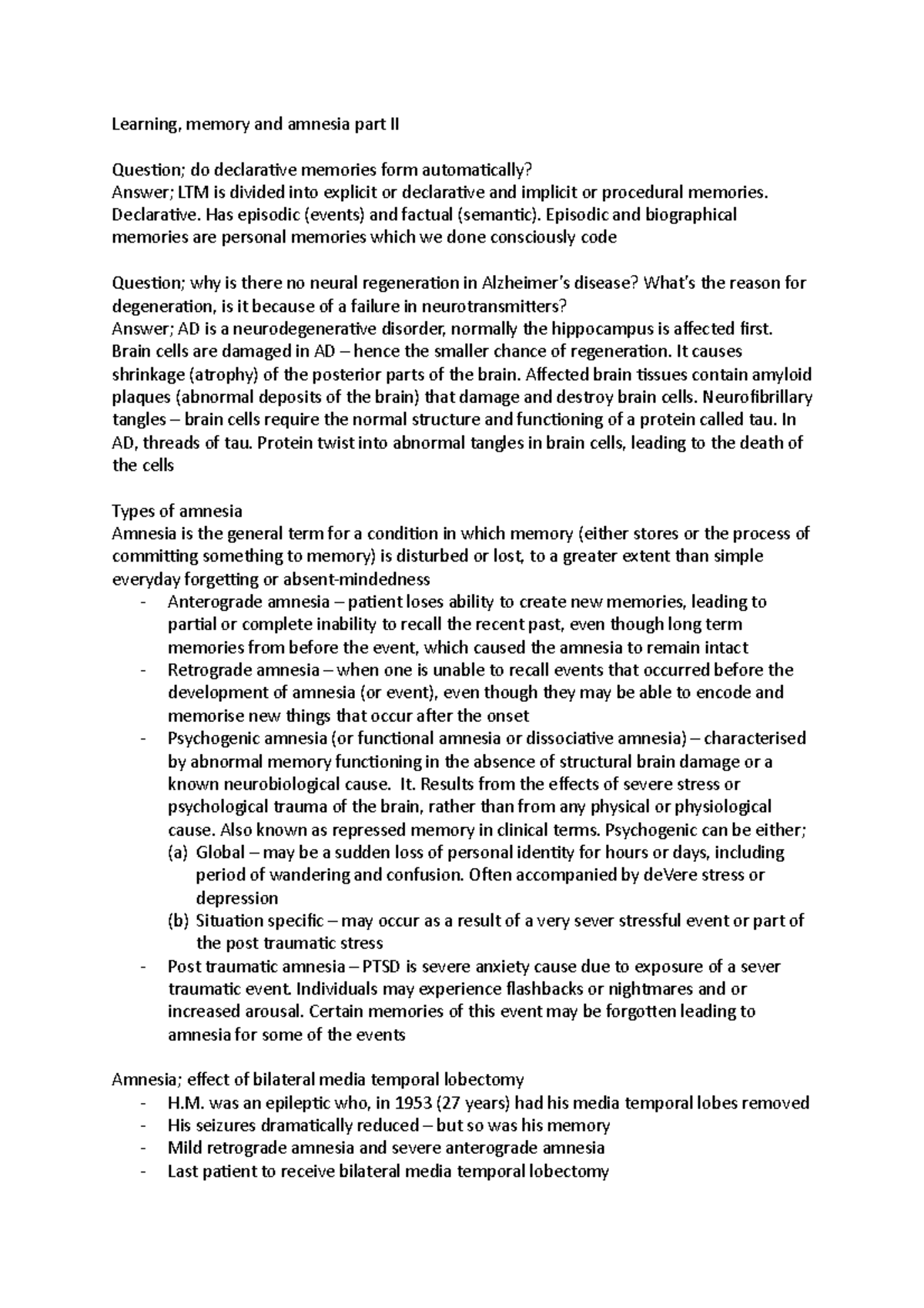 Lecture 9 Learning Memory And Amnesia Part Ii Learning Memory And