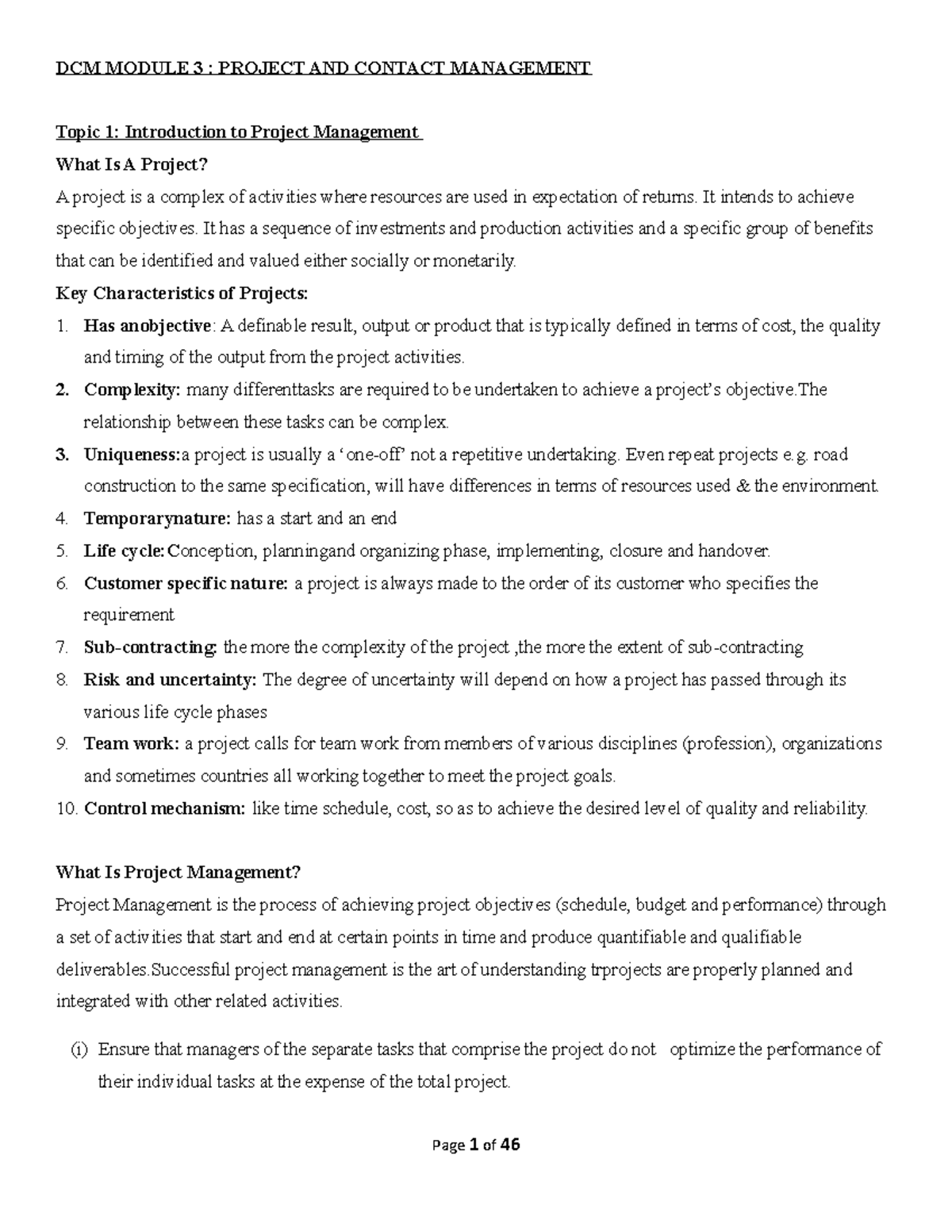 Dcm 3 Project MGT notes - DCM MODULE 3 : PROJECT AND CONTACT MANAGEMENT ...