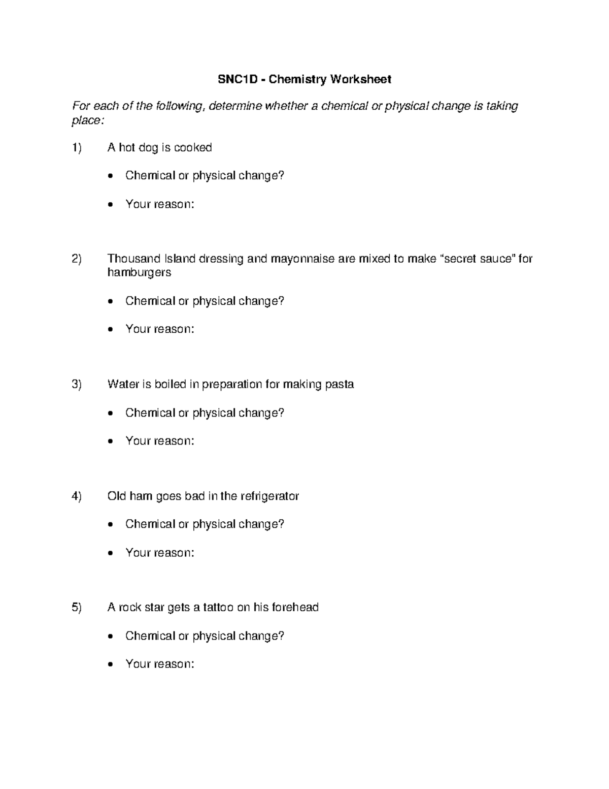 SNC1D chem review - SNC1D - Chemistry Worksheet For each of the ...