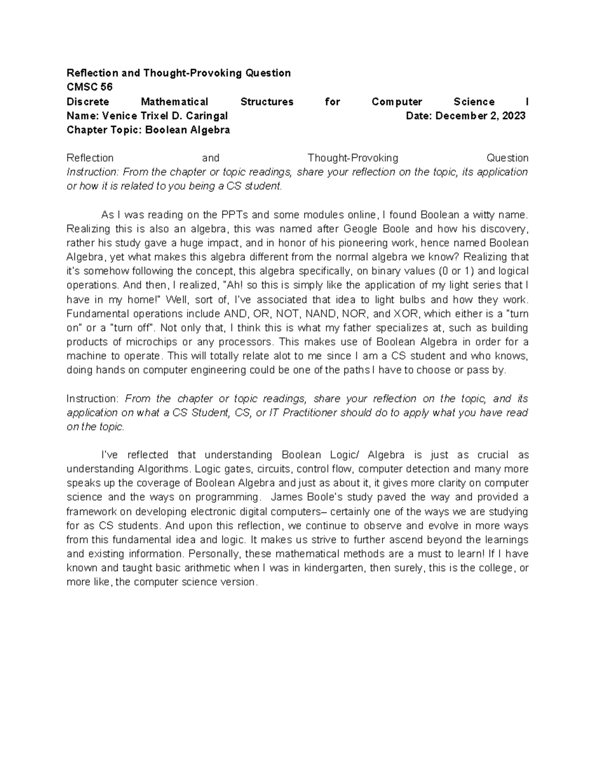 (Boolean Algebra) Reflection and Thought-Provoking Question - Caringal ...