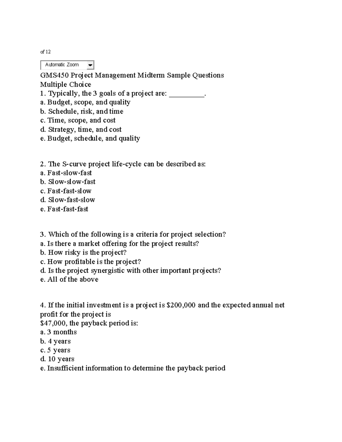 GMS450 Practice Midterm - of 12 GMS450 Project Management Midterm Sample Questions Multiple ...