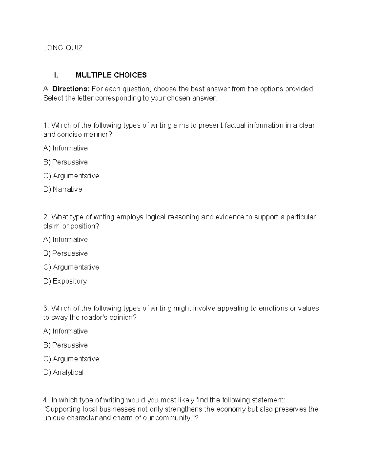 LONG-QUIZ - long test - LONG QUIZ I. MULTIPLE CHOICES A. Directions ...