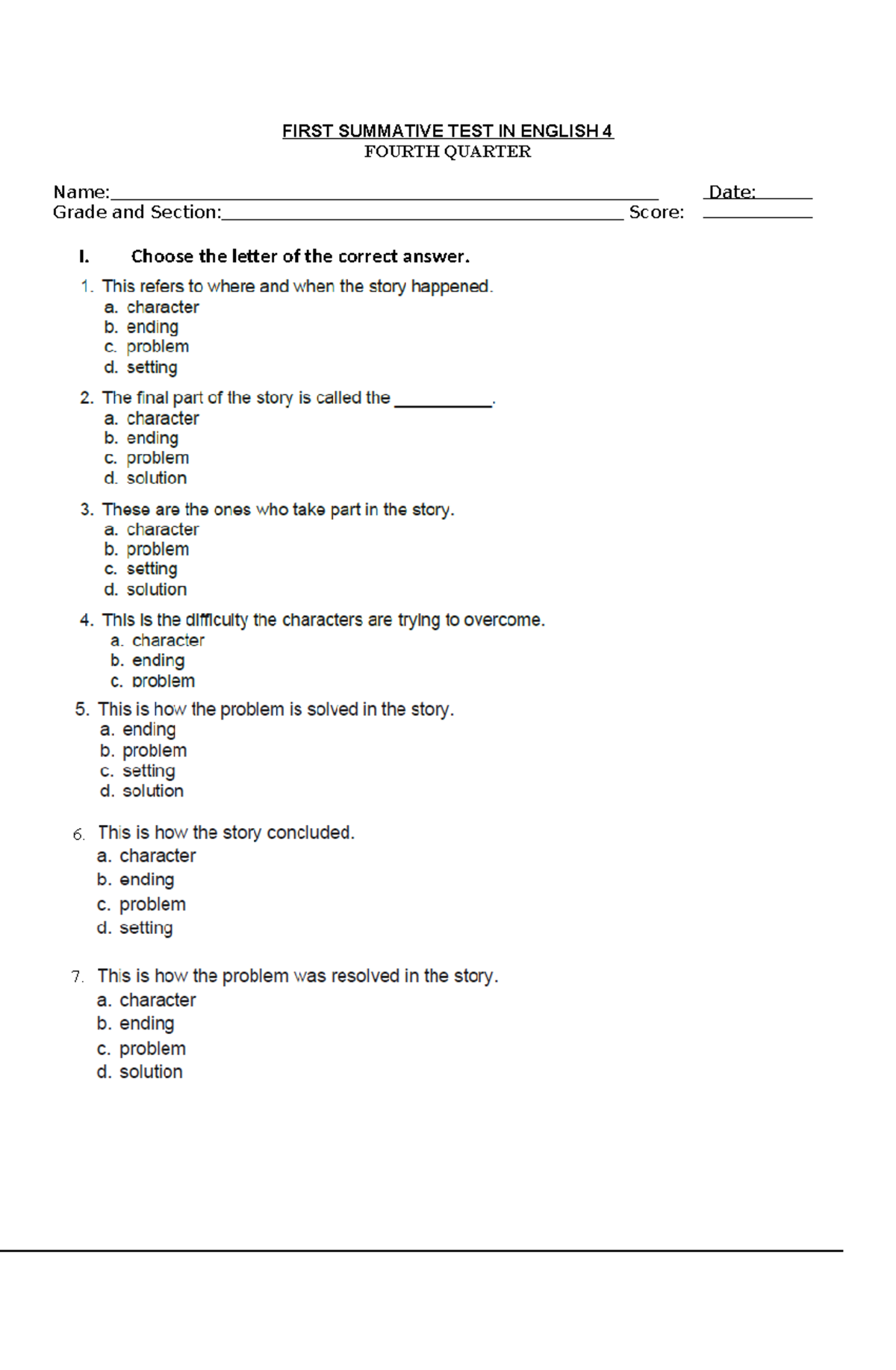 English Short Examination - Teacher Education - FIRST SUMMATIVE TEST IN ...