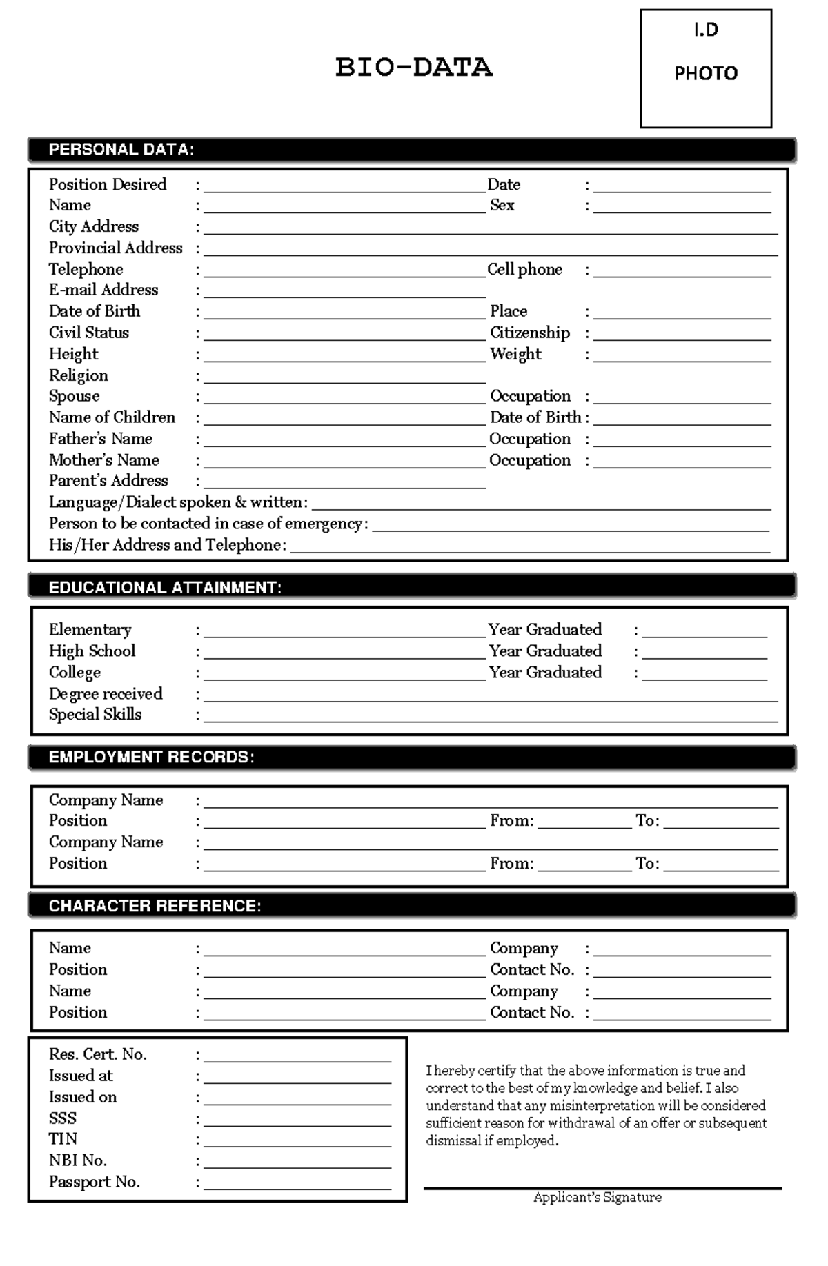 Biodata Format For Job BIO DATA PERSONAL DATA Position Desired