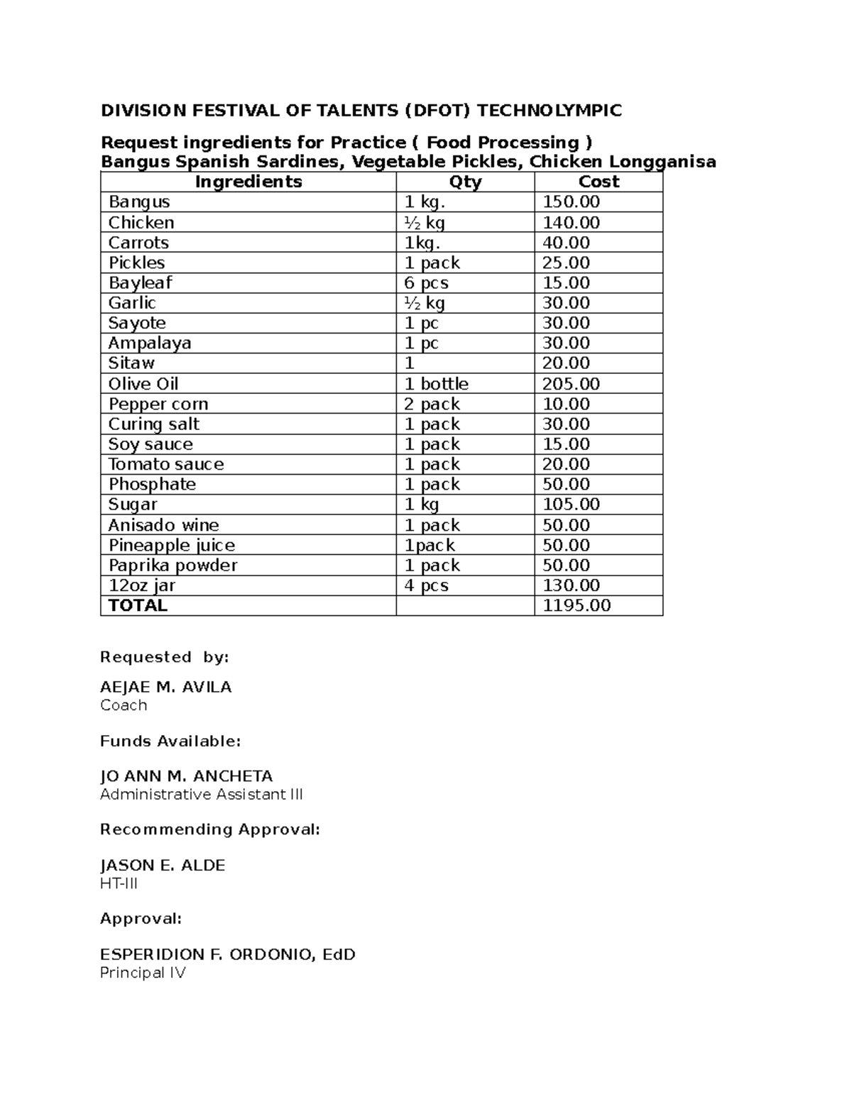 Request Ingredients Division Festival OF Talents - DIVISION FESTIVAL OF ...