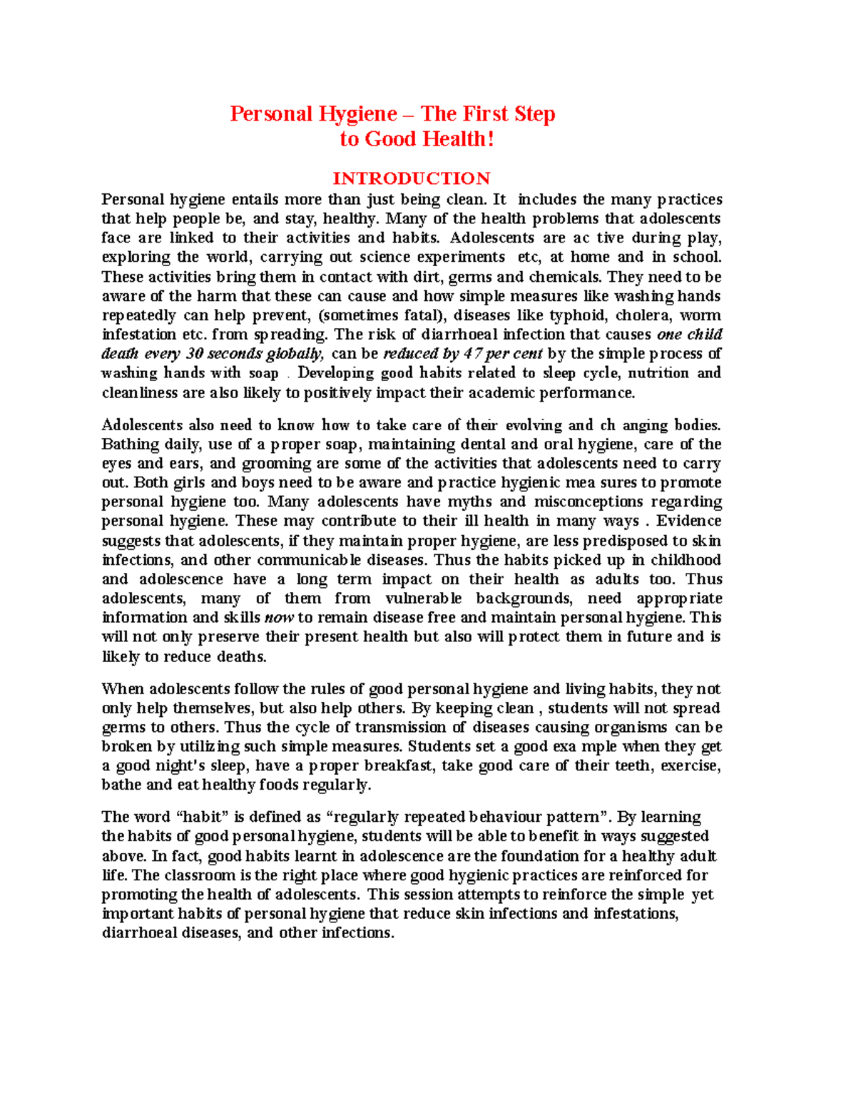 Personal Hygiene The first step to good health - Personal Hygiene – The ...
