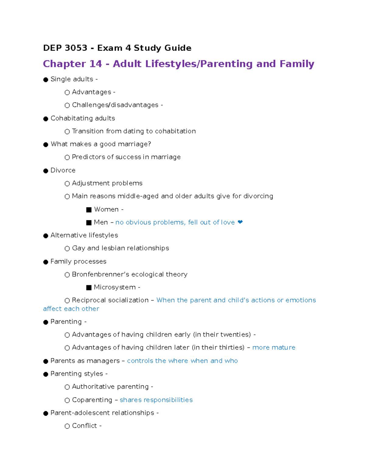 DEP 3053 Study Guide - DEP 3053 - Exam 4 Study Guide Chapter 14 - Adult ...