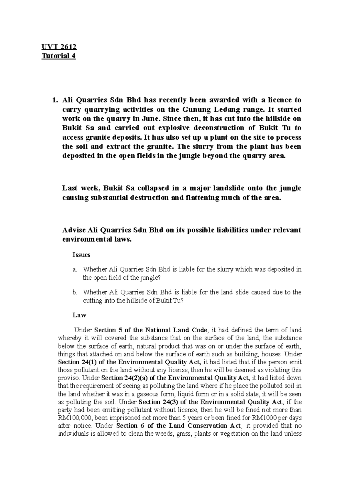 Envi Law Tutorial 4 - hope it helps - UVT 2612 Tutorial 4 1. Ali ...