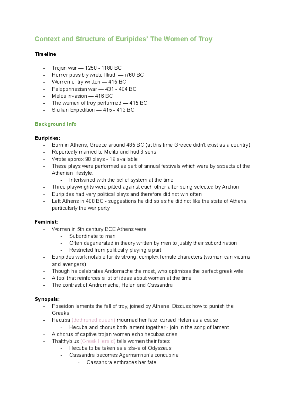 Women of Troy Notes - Context and Structure of Euripides’ The Women of ...