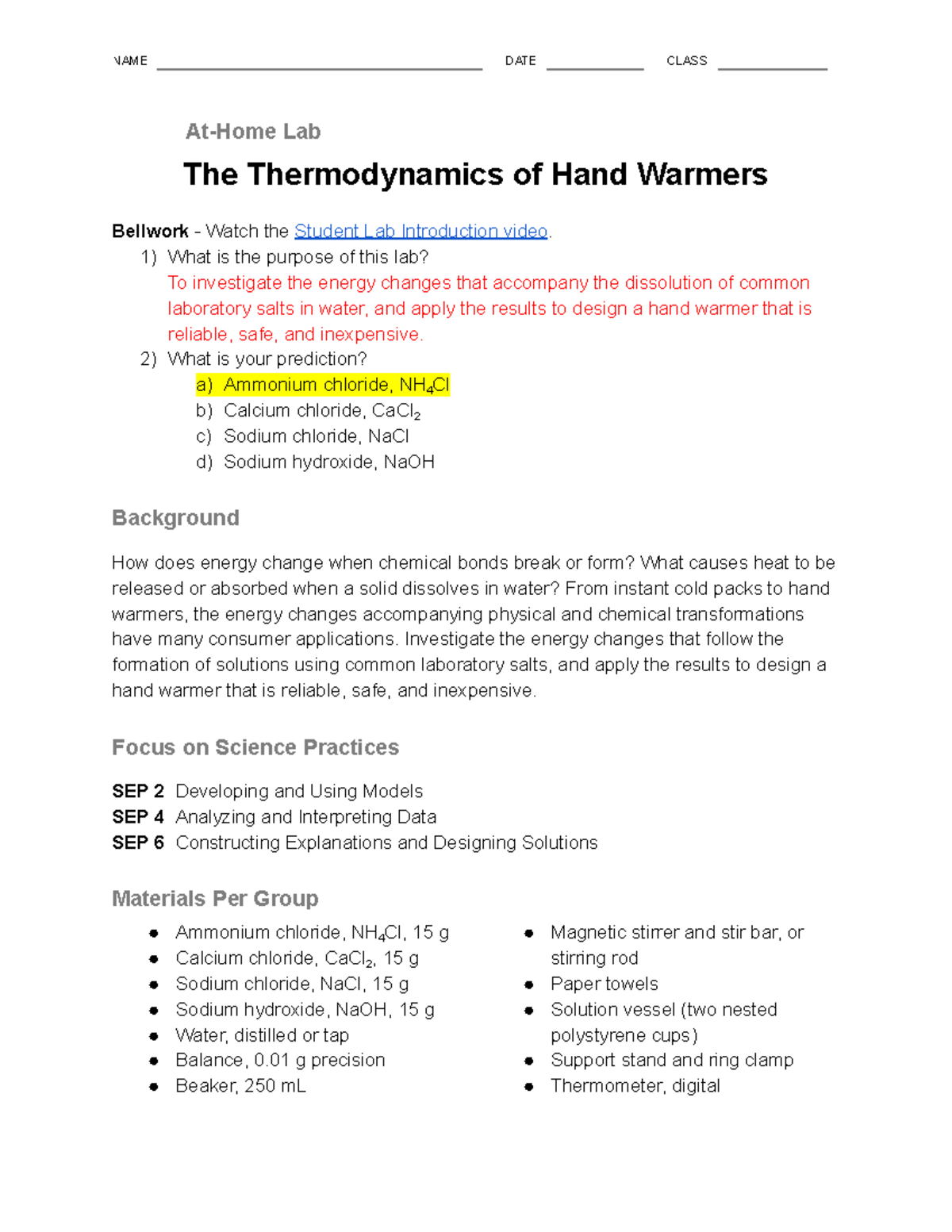 At-Home Lab Thermodynamics Student Worksheet - NAME DATE CLASS At-Home ...