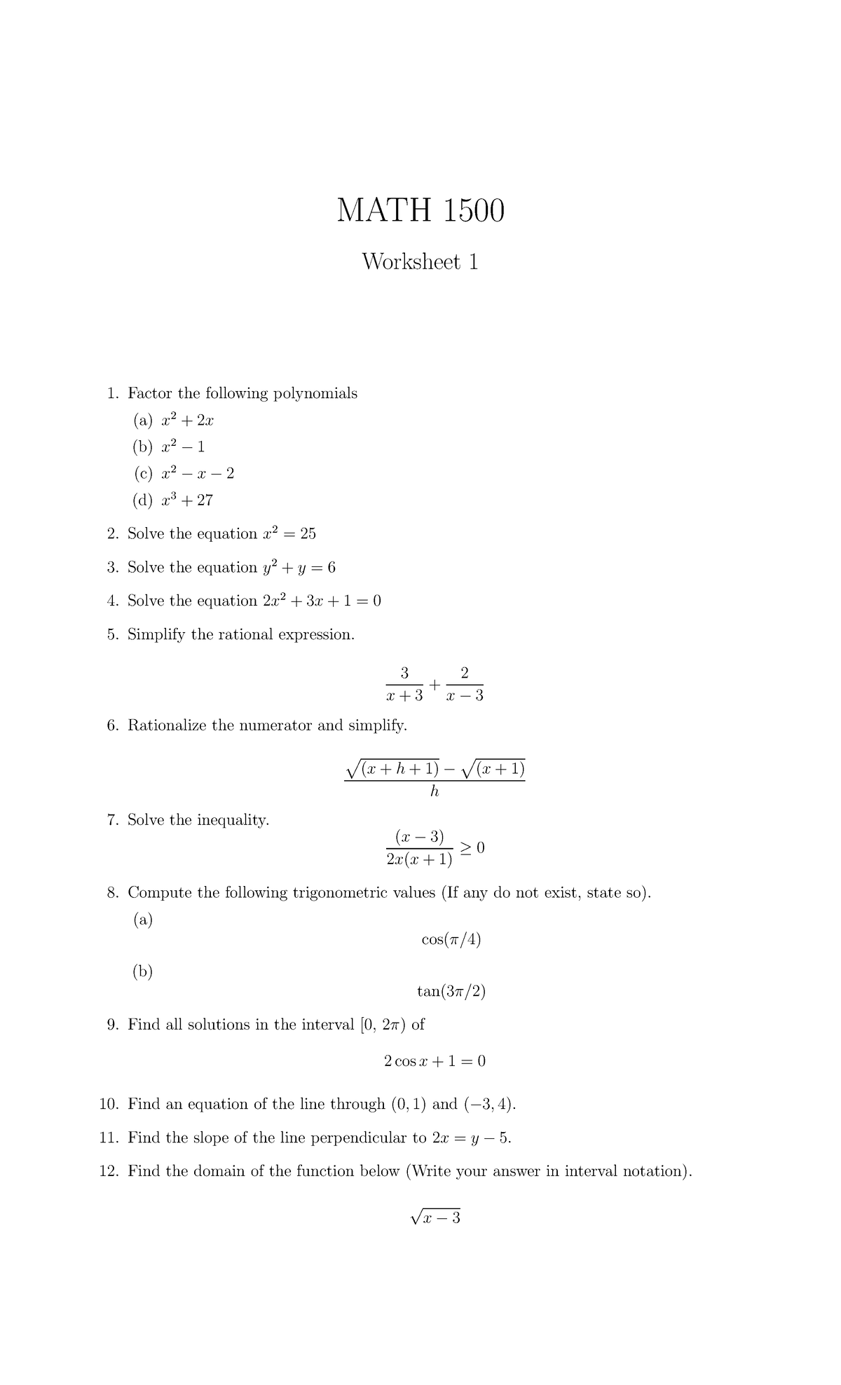 Worksheet Math 1500 practice - MATH 1500 Worksheet 1 Factor the ...