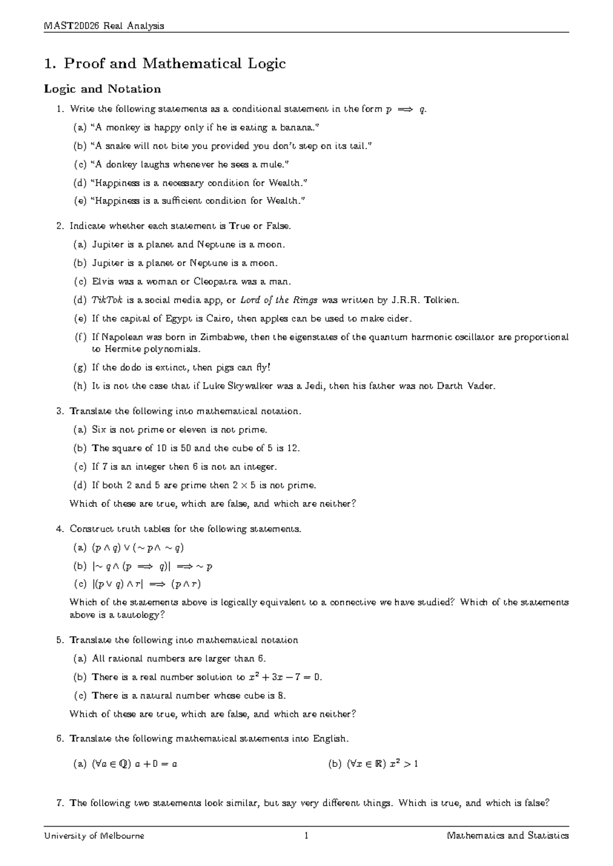 Problem Booklet - 1. Proof and Mathematical Logic Logic and Notation ...