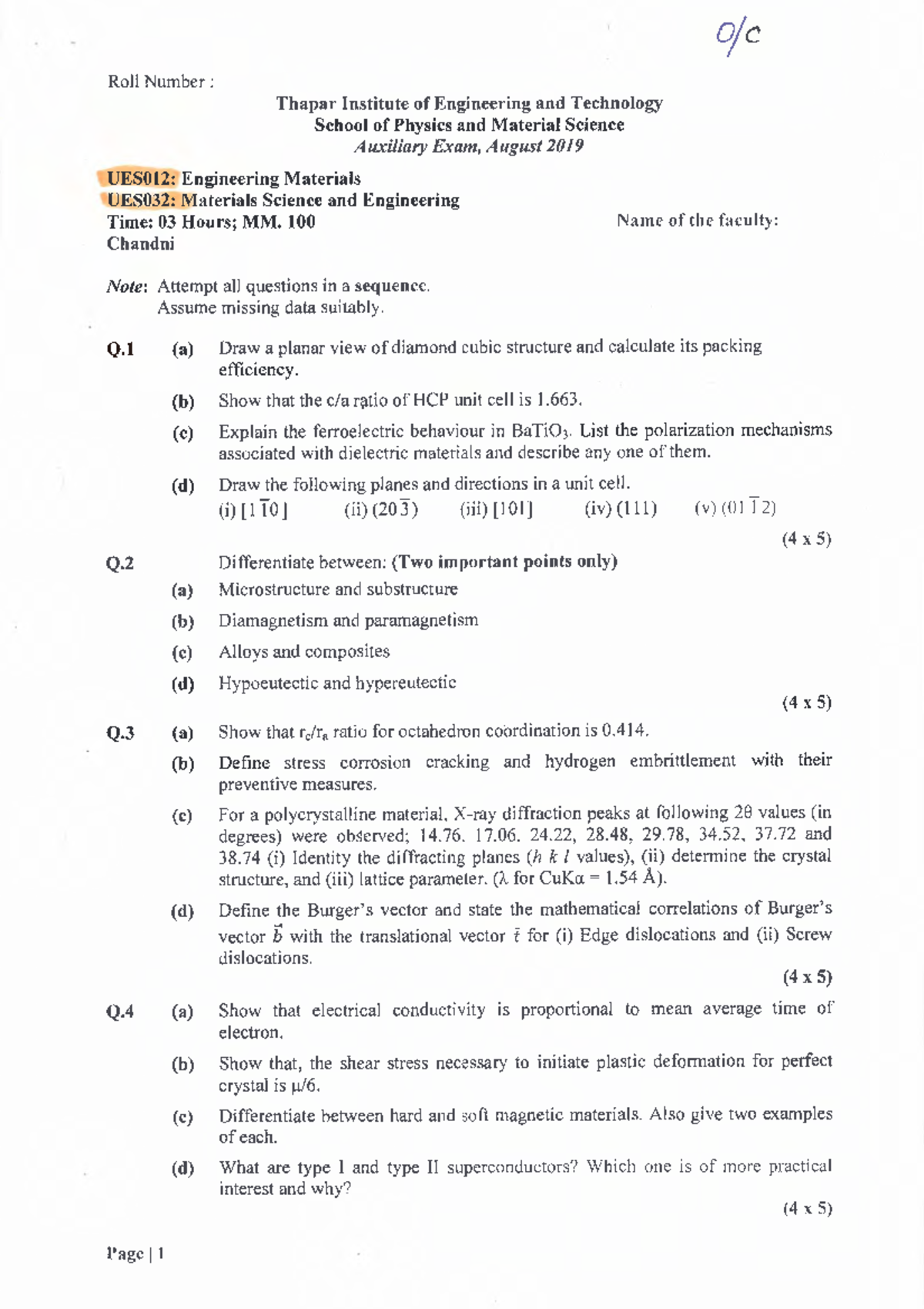 UES012 2019 O - PYQ - 0/c Roll Number : Thapar Institute of Engineering ...
