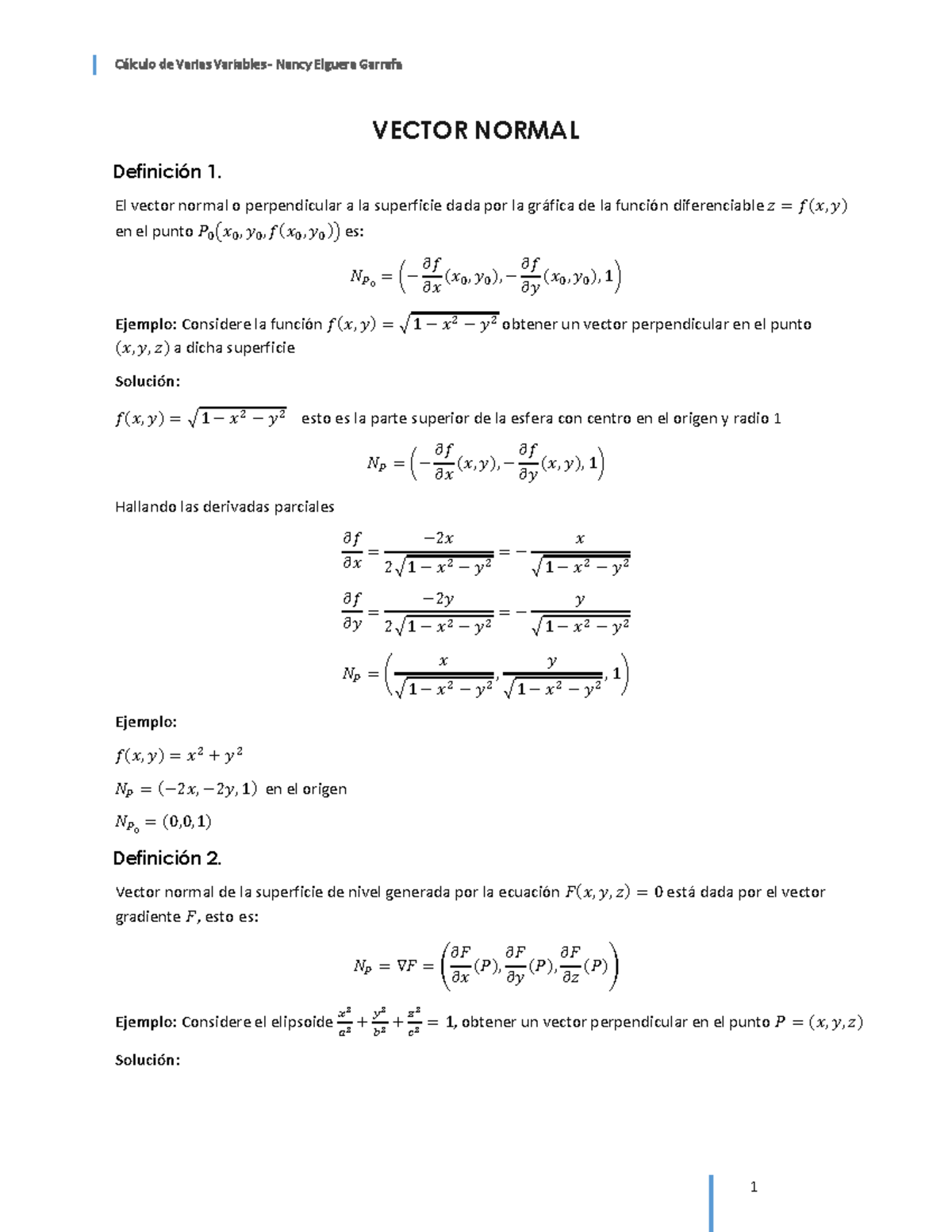 Clase 6 (2) - VECTOR NORMAL Definición 1. El vector normal o ...