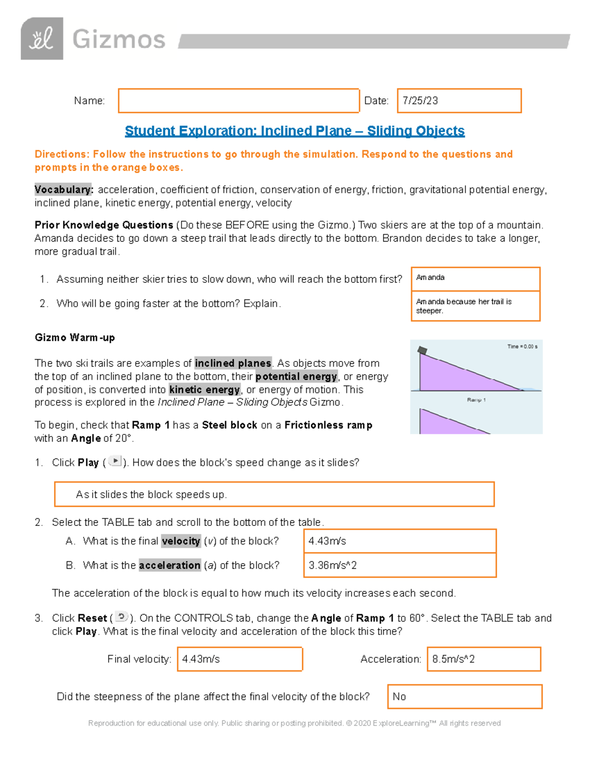 Copy of Inclined Plane Sliding SE - Google Docs - Name: Date: 7/25 ...