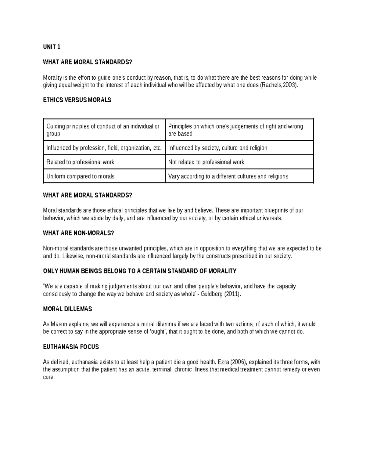 Ethics- Reviewer - UNIT 1 WHAT ARE MORAL STANDARDS? Morality is the ...