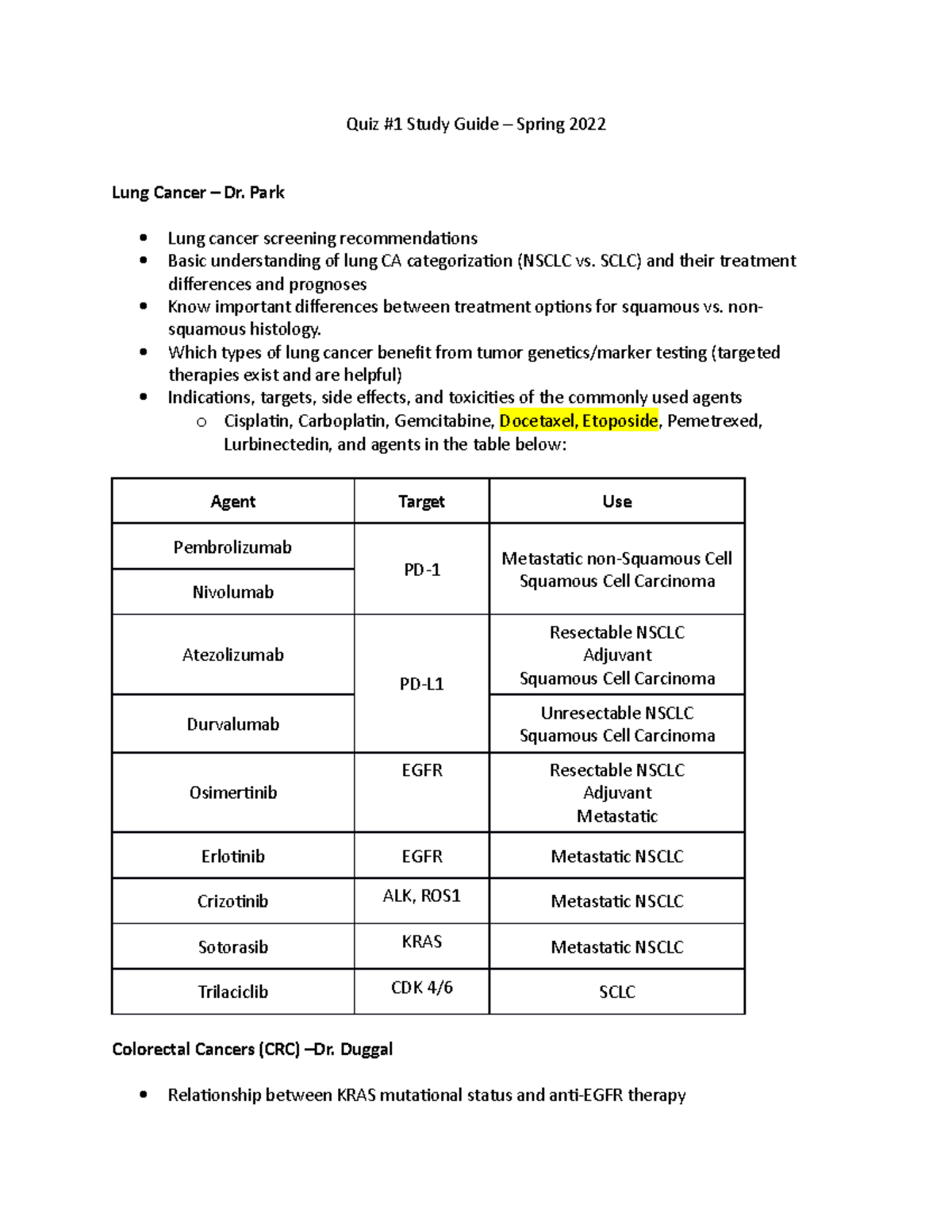 Onco Quiz #1:exam 2 study guide - Quiz #1 Study Guide – Spring 2022 ...