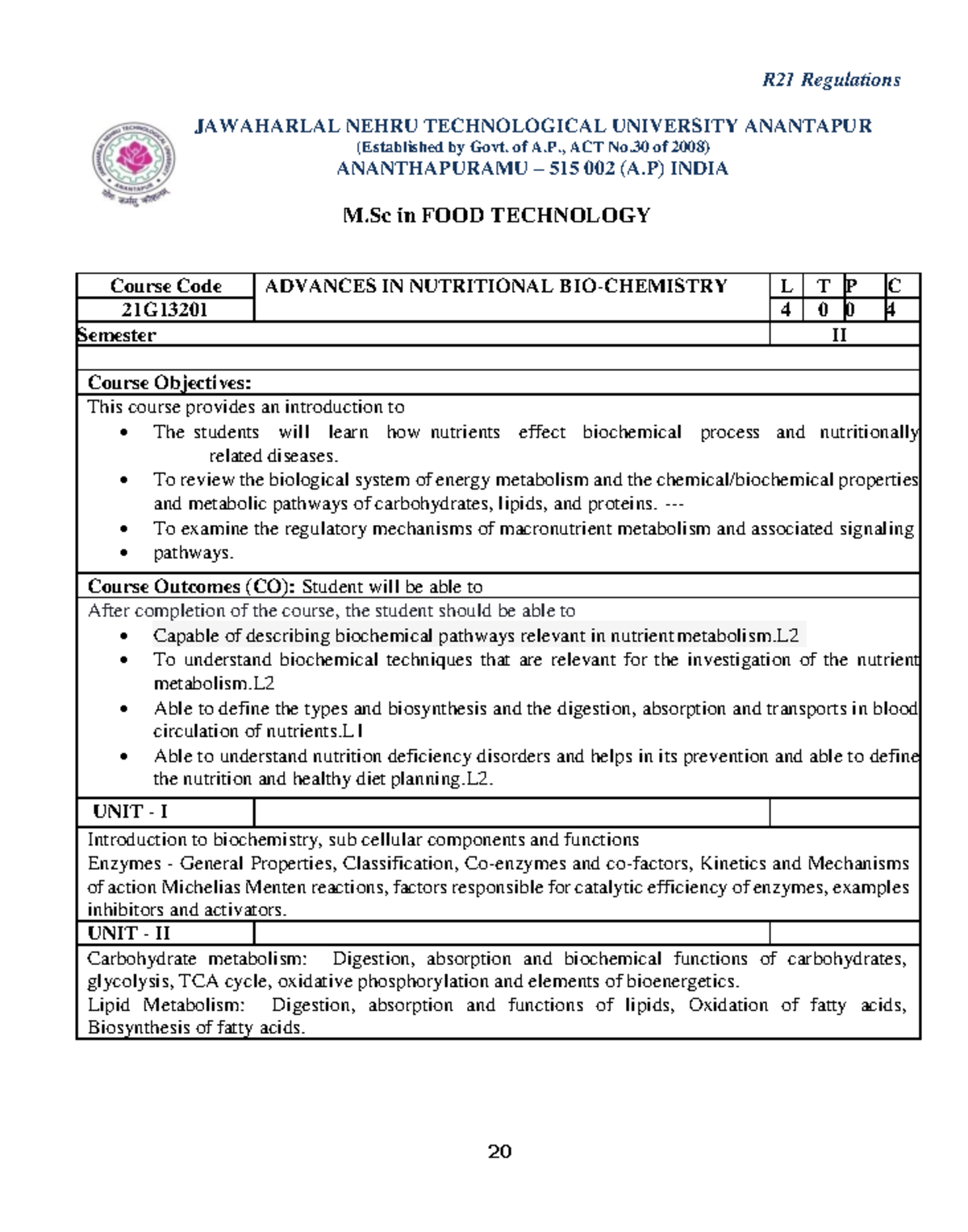 Msc food technology - R21 Regulations JAWAHARLAL NEHRU TECHNOLOGICAL ...