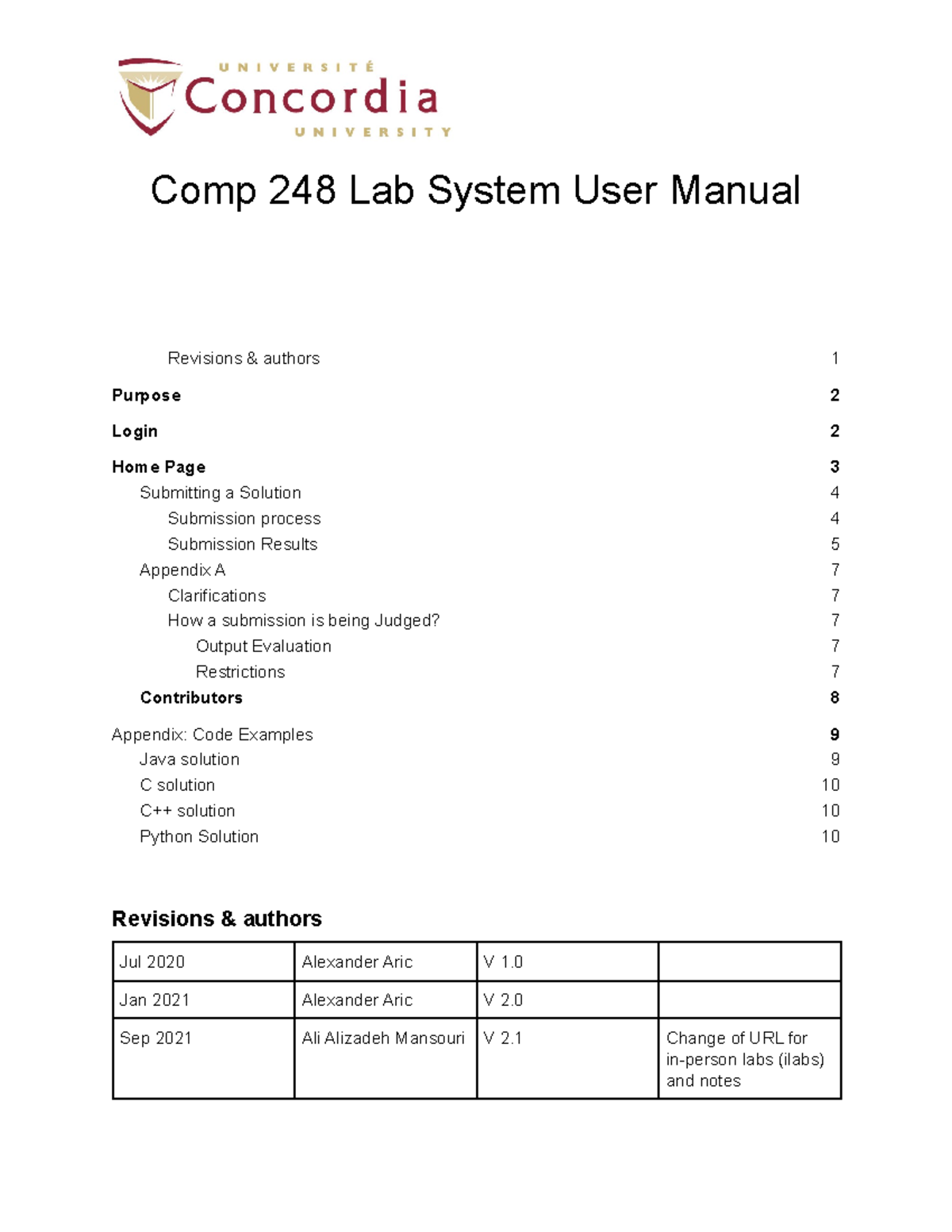 Comp248 Lab User Manual In Person V2 Comp 248 Lab System User Manual Revisions And Authors Sep