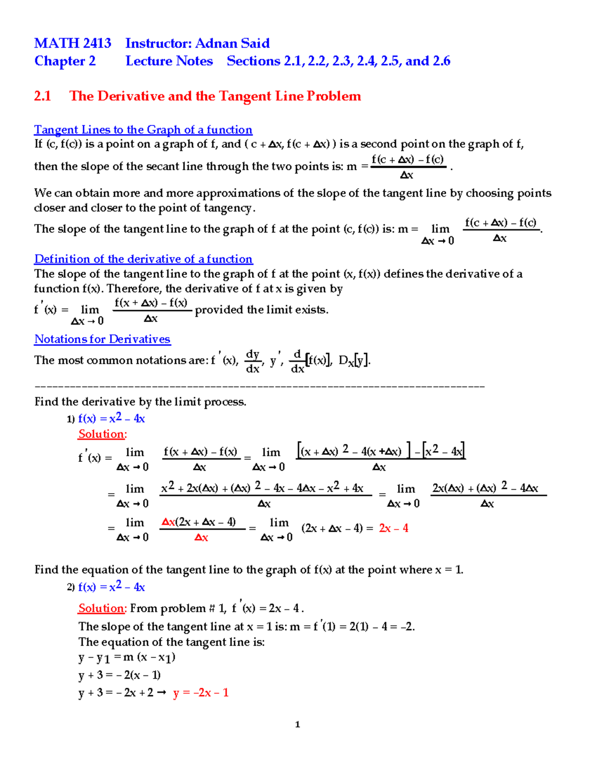 F22 M2413 LNT Chapter 2 - These are notes for Calculus/ MATH 2413 ...