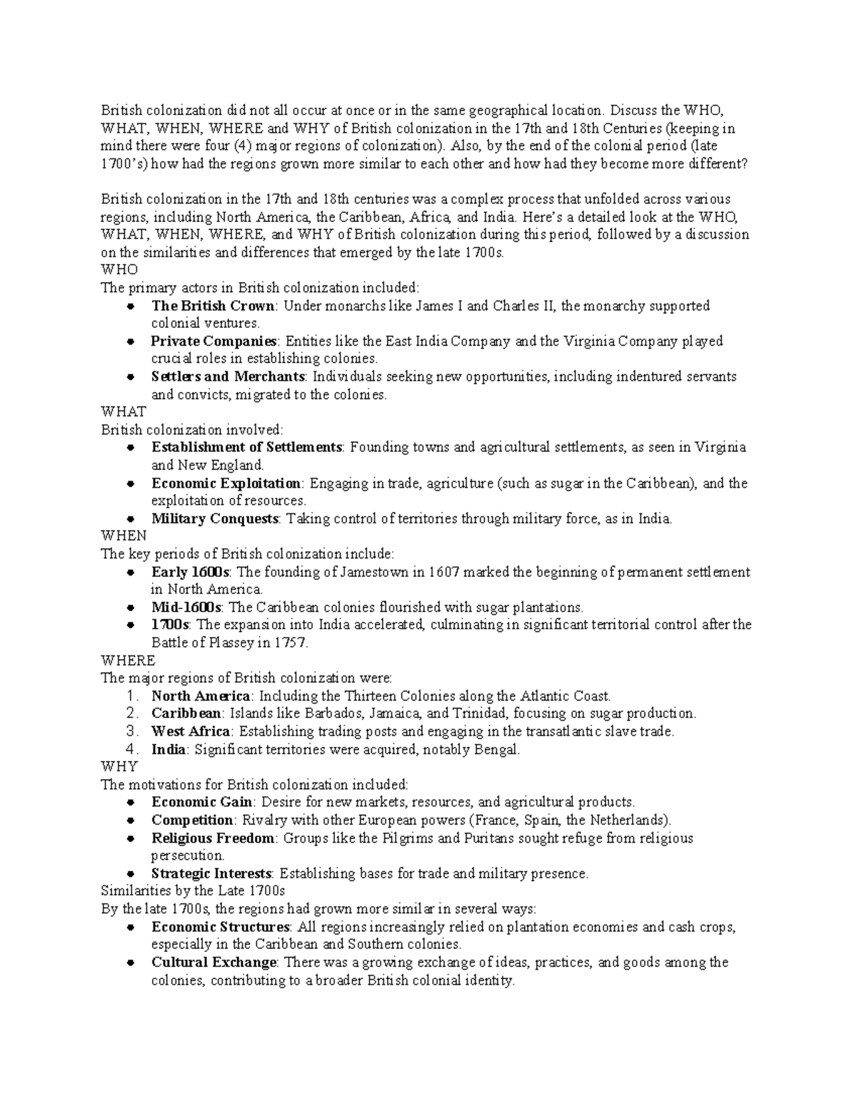 Exam 1 Notes British Colonization Did Not All Occur At Once Or In The Same Geographical