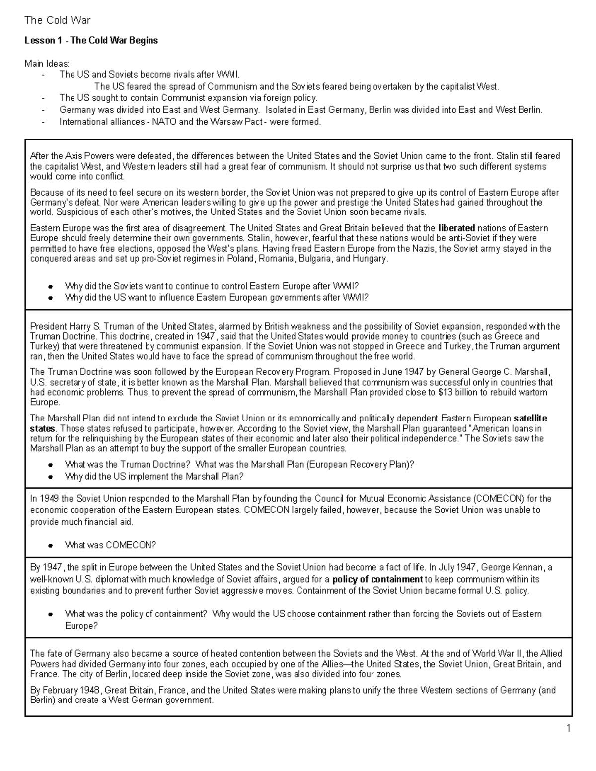 Chapter 31 - The Cold War - Text Questions - Lesson 1 - The Cold War ...