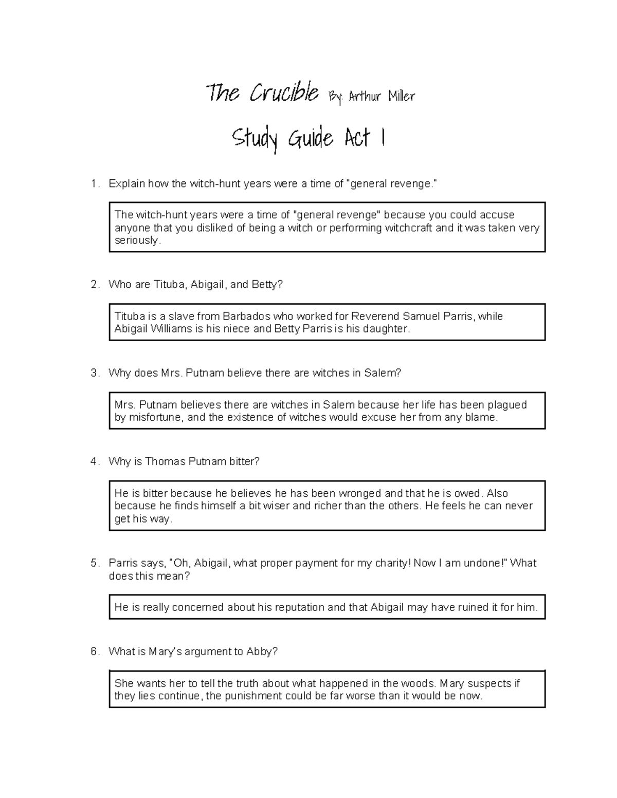 Copy of Brady The Crucible Act I Study Guide - The Crucible By: Arthur ...