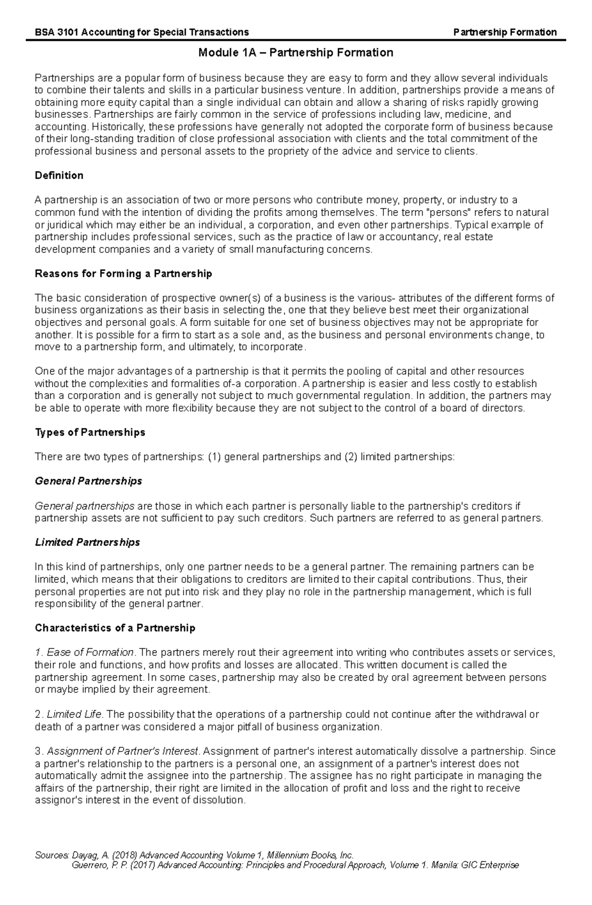 BSA 3101 Topic 1A - Partnership Formation - Module 1A – Partnership ...