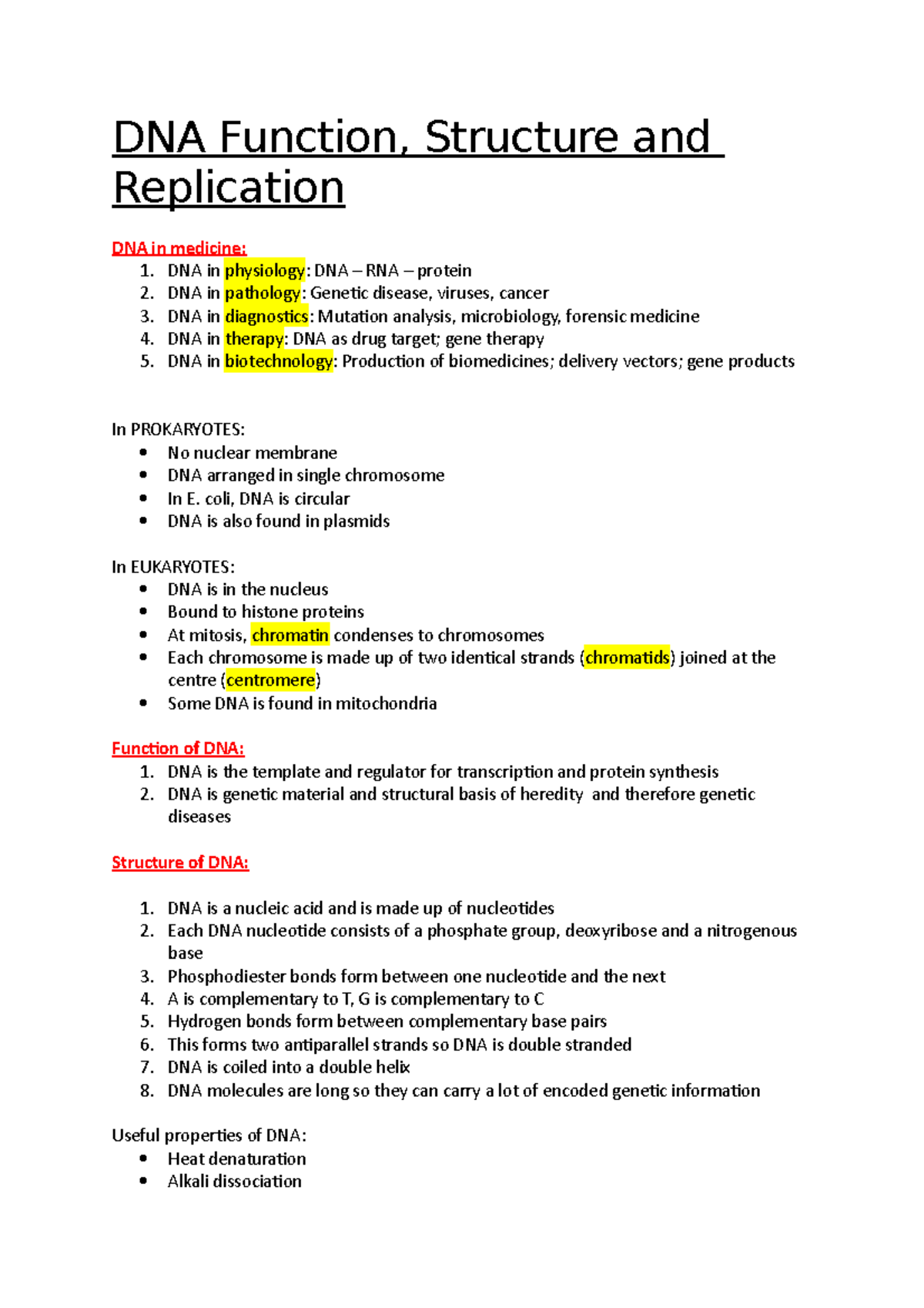 DNA Function - Medicine IMMS Notes - DNA Function, Structure and ...