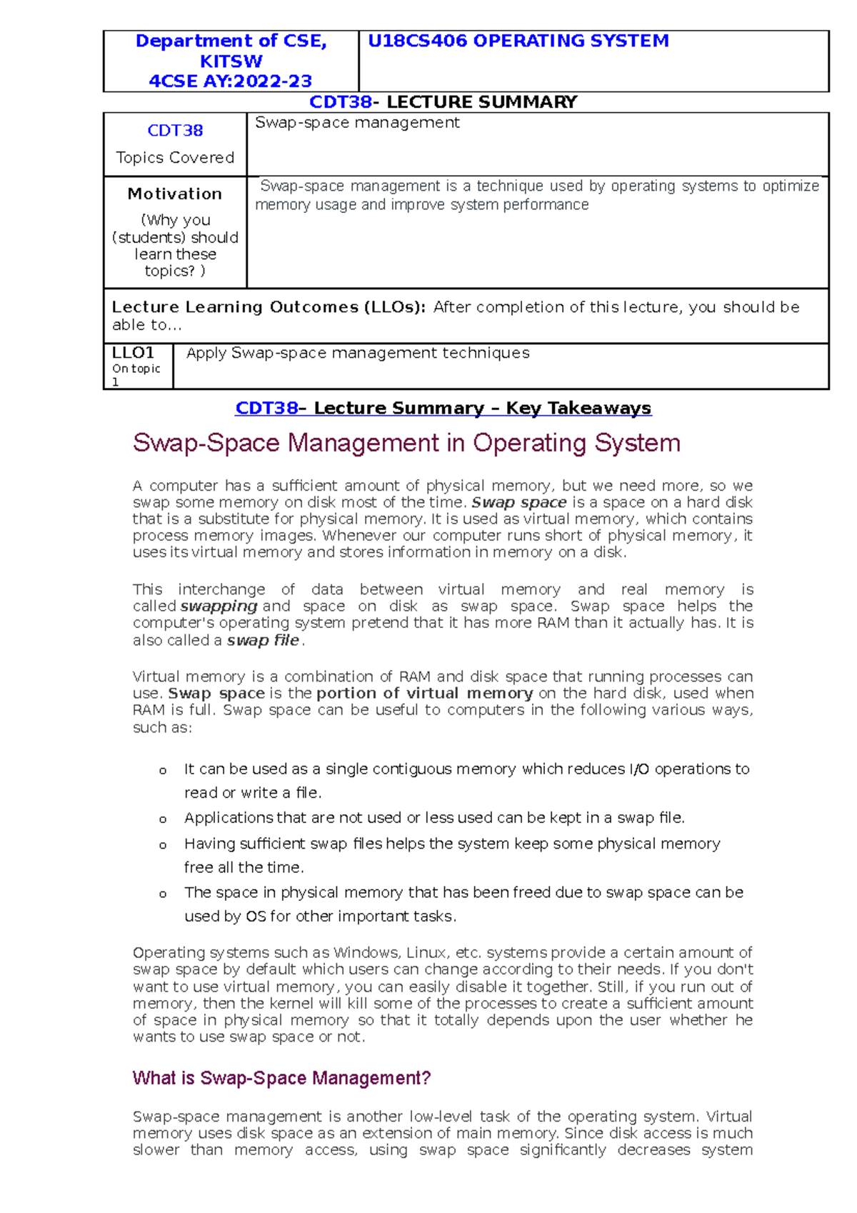 Operating Systems-7 - notes - KITSW 4CSE AY:2022- CDT38- LECTURE ...
