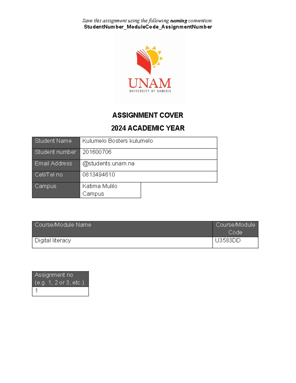 Assignment Cover Template - Save this assignment using the following ...