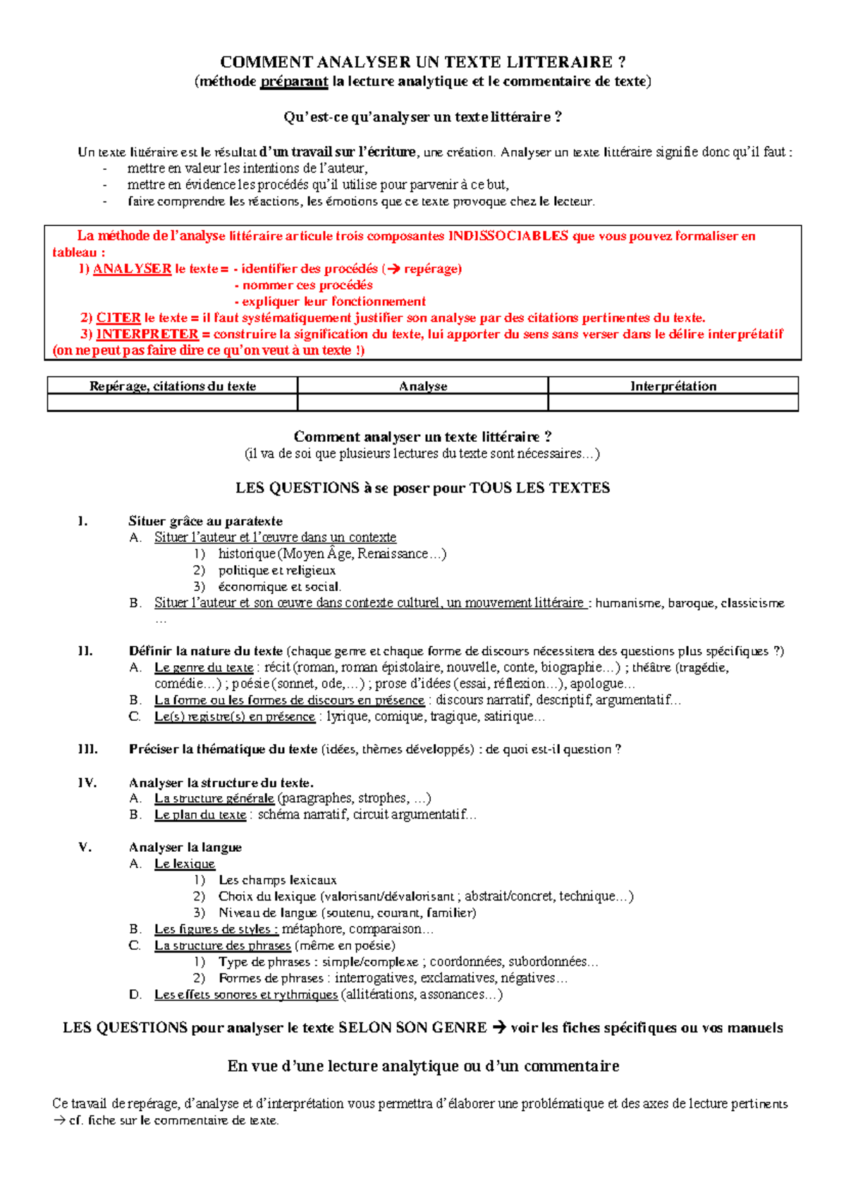 Comment Analyser UN Texte Litteraire - COMMENT ANALYSER UN TEXTE ...