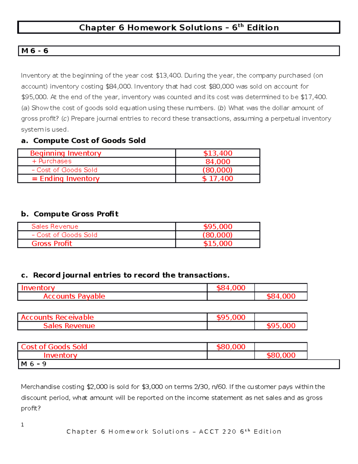 Homework Ch 6 Solutions - Chapter 6 Homework Solutions – 6th Edition M 6 - 6 Inventory at the ...