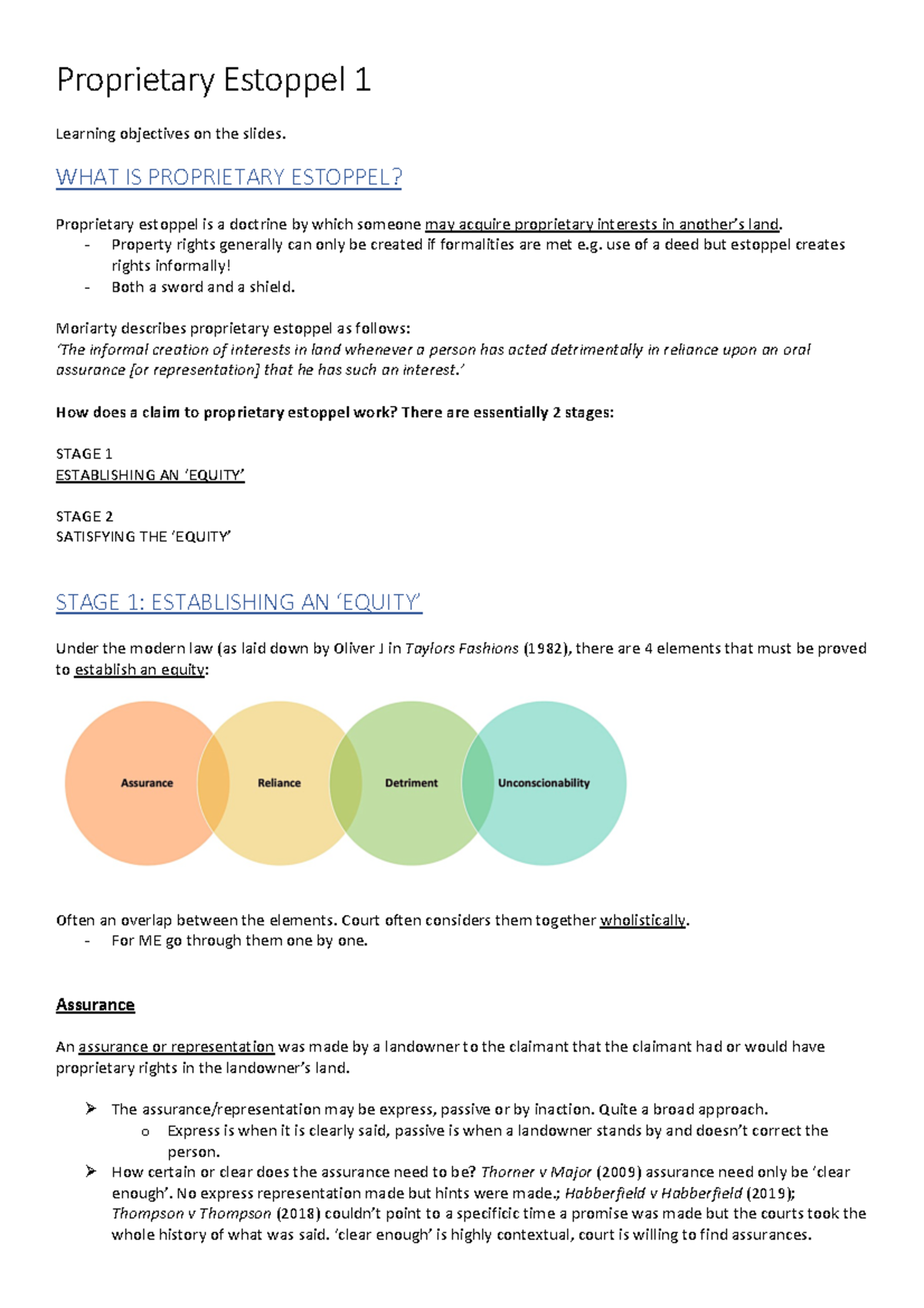 Proprietary Estoppel 1 Lecture 14 notes - LAW3013 - Sheffield - Studocu
