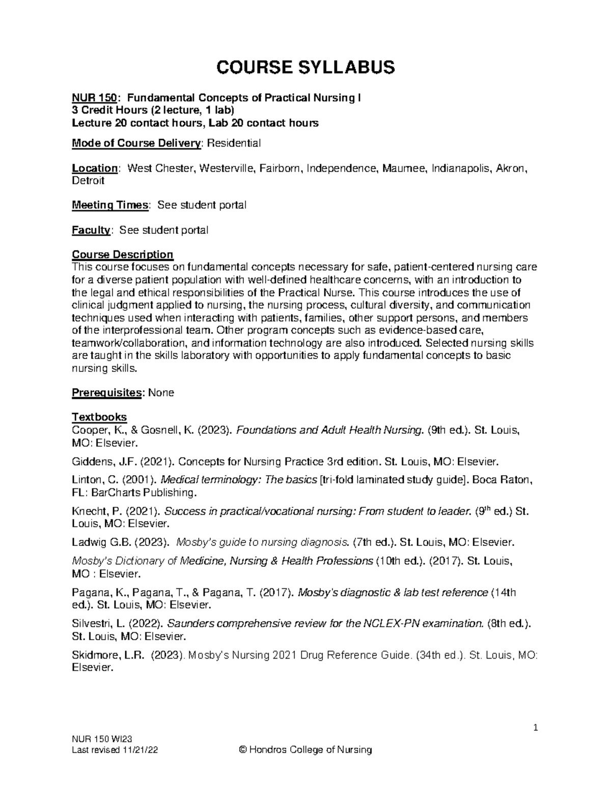 NUR 150 Syllabus WI23 - Summary Fundamental Concepts of Practical ...