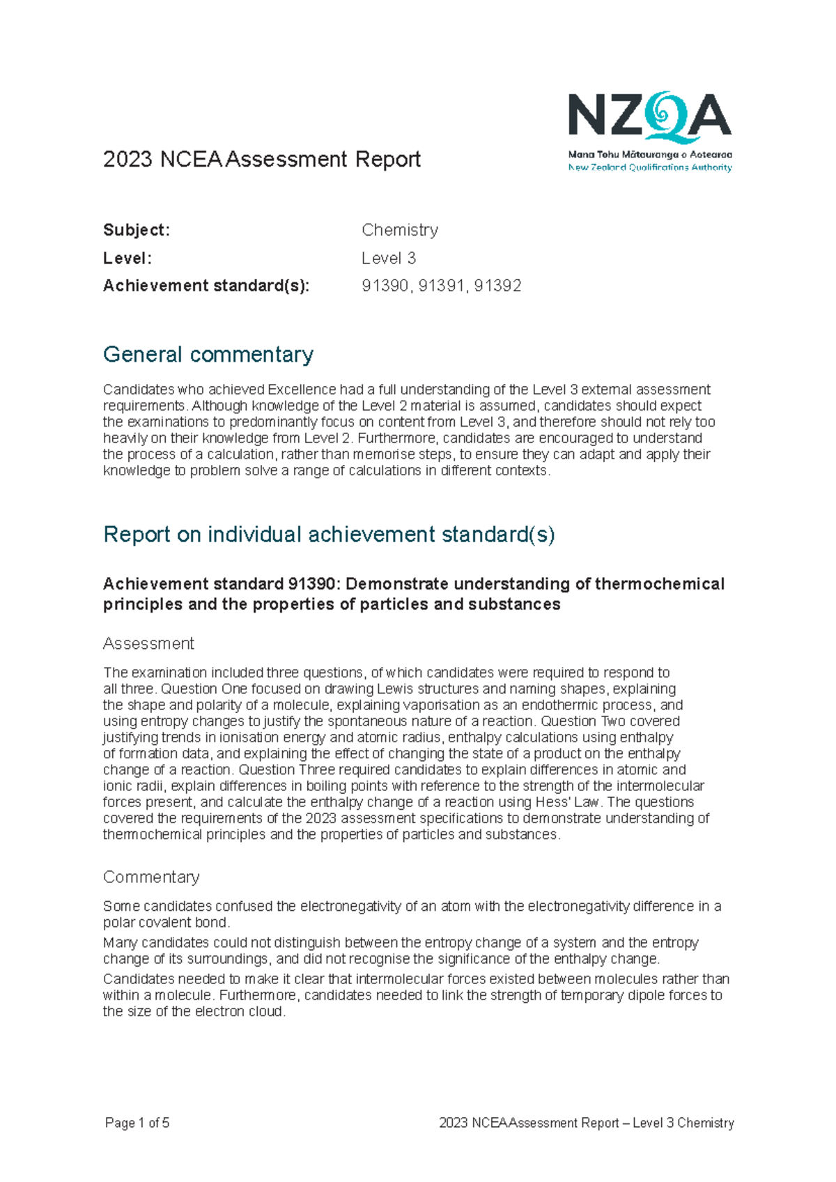 91392-report-2023 - 3.6 report - 2023 NCEA Assessment Report Subject: Chemistry Level: Level 3 ...