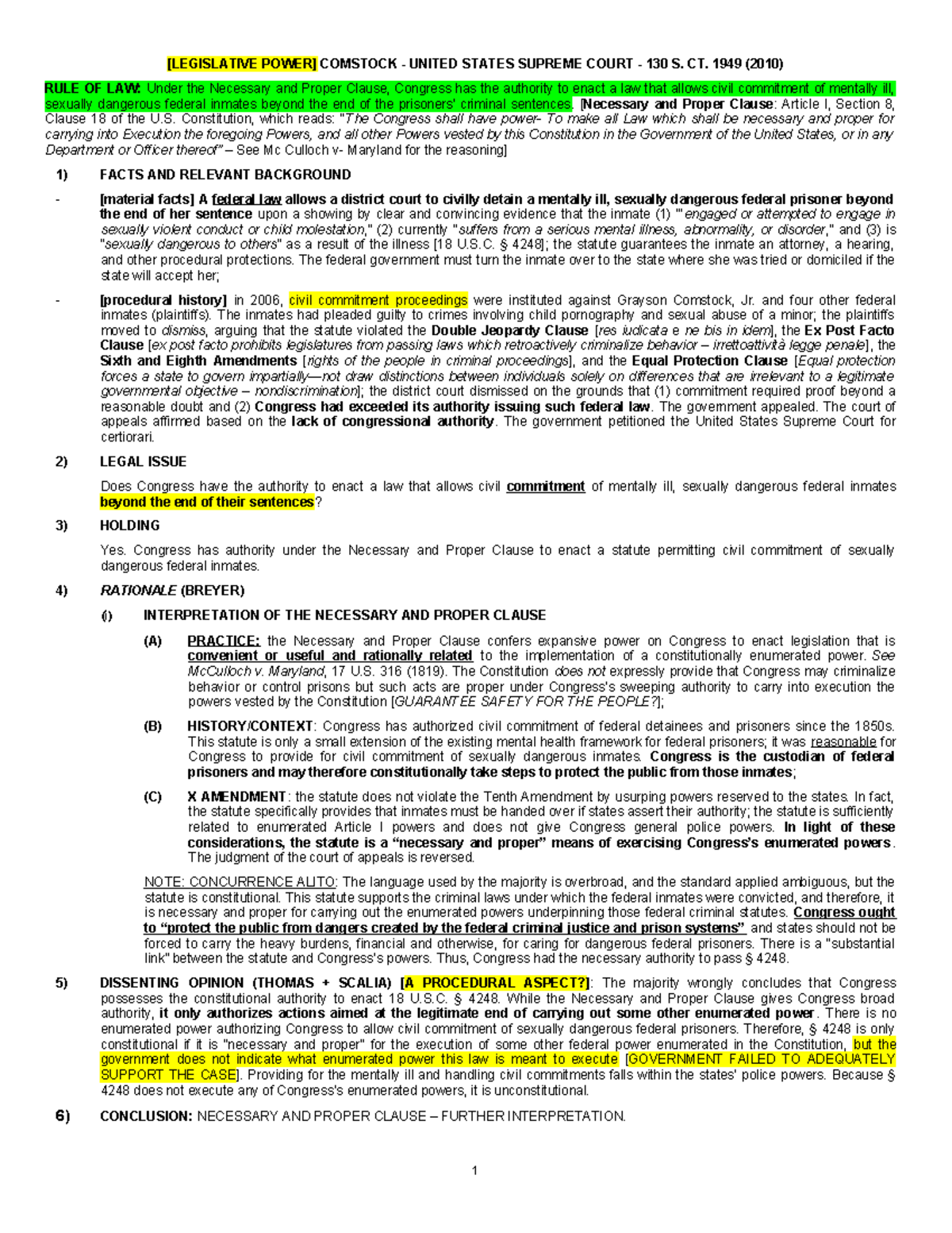 DETAILED CASE BRIEF & class notes Comstock - [LEGISLATIVE POWER ...