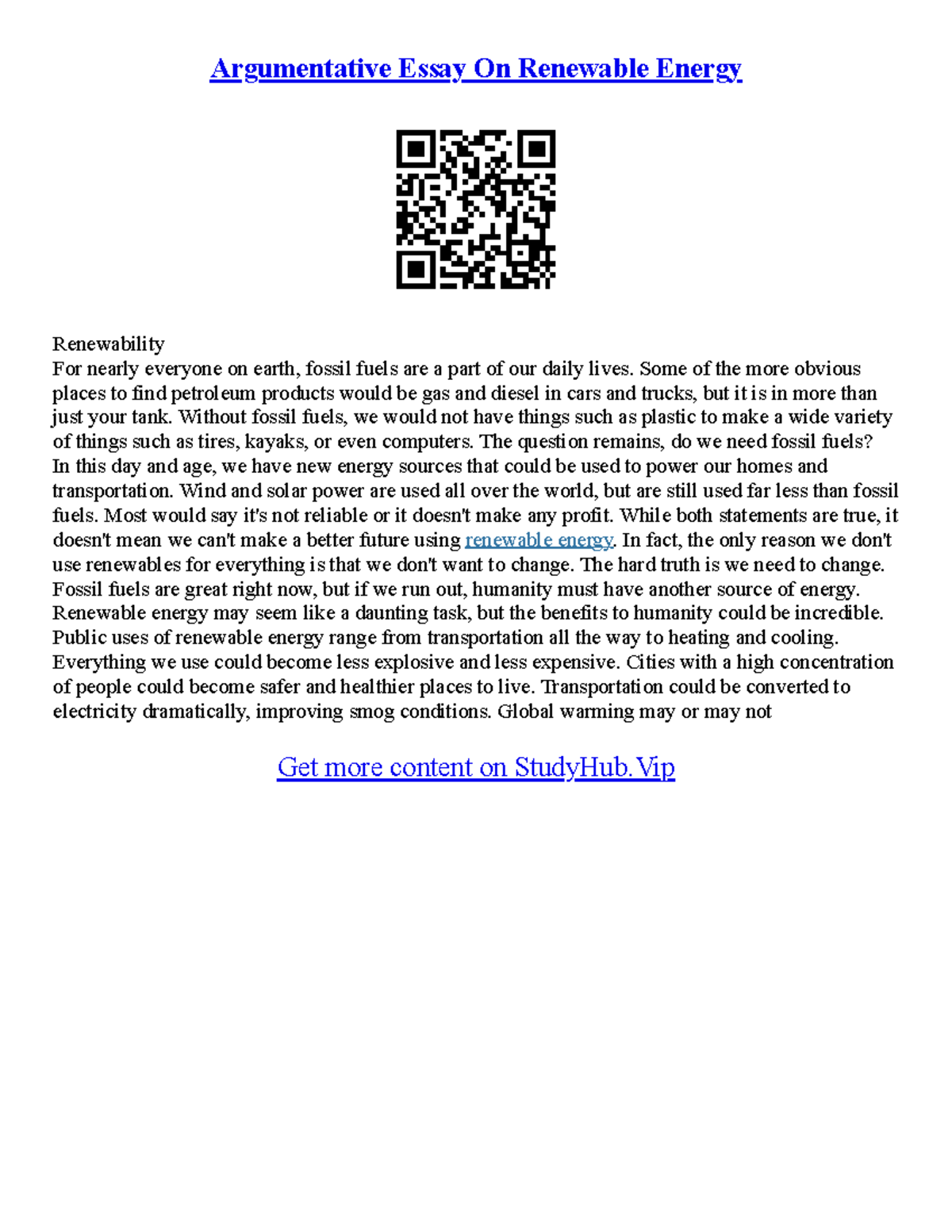 Example Argumentative Essay - Argumentative Essay On Renewable Energy ...