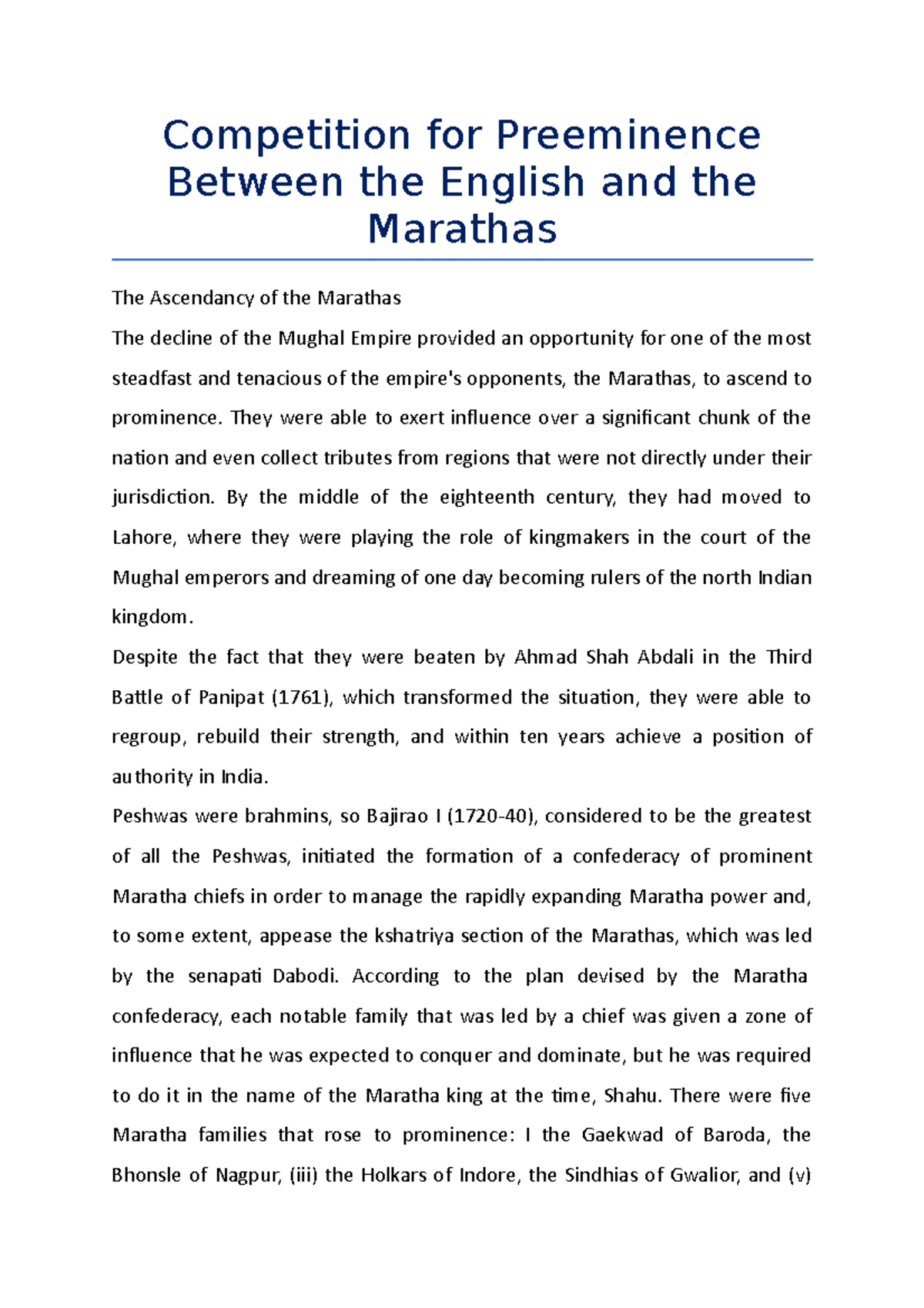 Competition for Preeminence Between the English and the Marathas ...