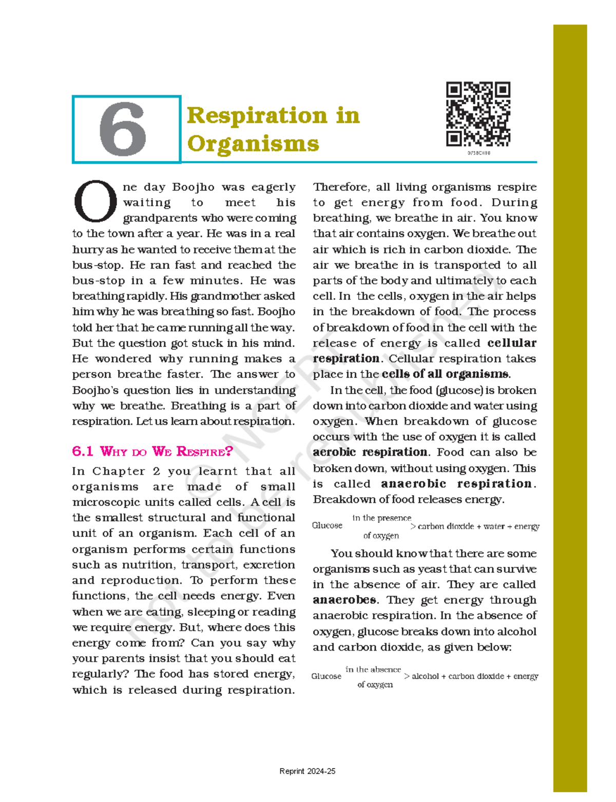 Gesc106 - Ncert - Respiration in 6 Organisms O ne day Boojho was ...