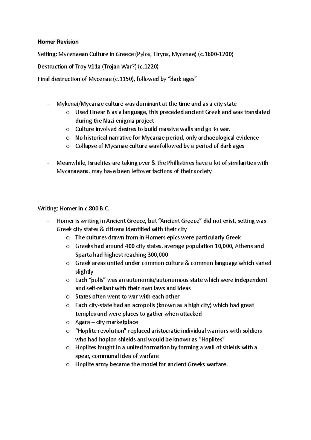 Lecture notes - odyssy and homer - Homer Revision Seing: Mycenaean ...
