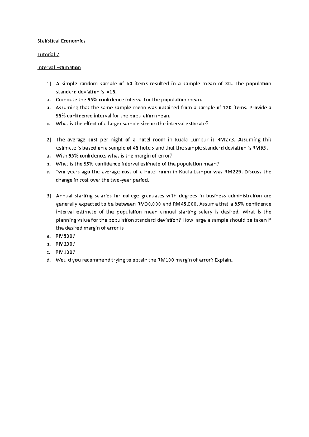 Tutorial 2 updated - jmmmmmmmmmmmmmmmmmm - Statistical Economics Tutorial 2 Interval Estimation ...