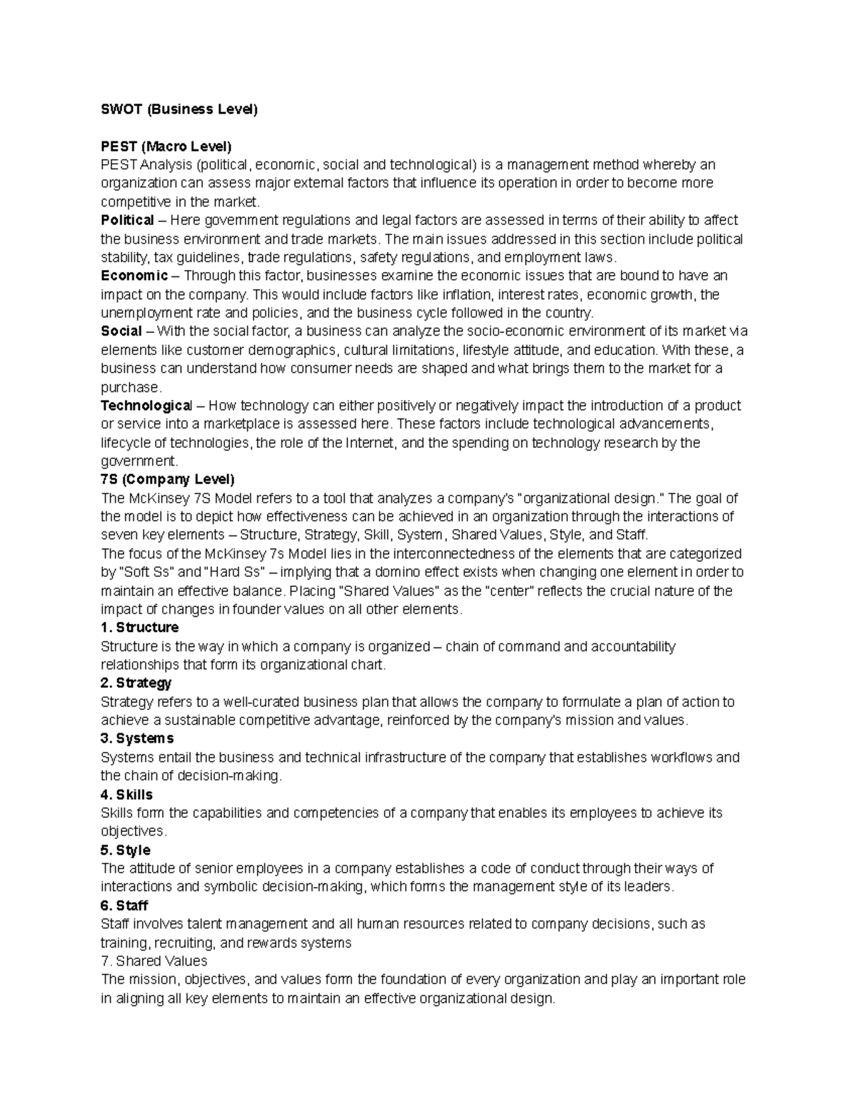 Frameworks POM, mCKINSEY MODEL, 5 FORCES - SWOT (Business Level) PEST ...