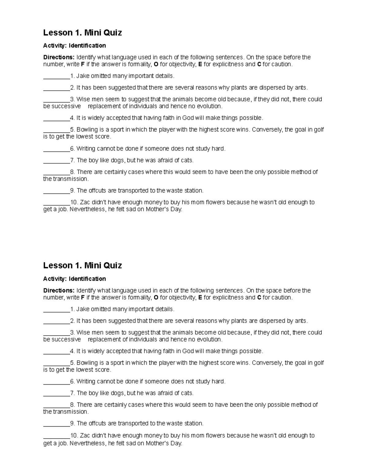 Learning Activity Worksheet 1 - Lesson 1. Mini Quiz Activity ...