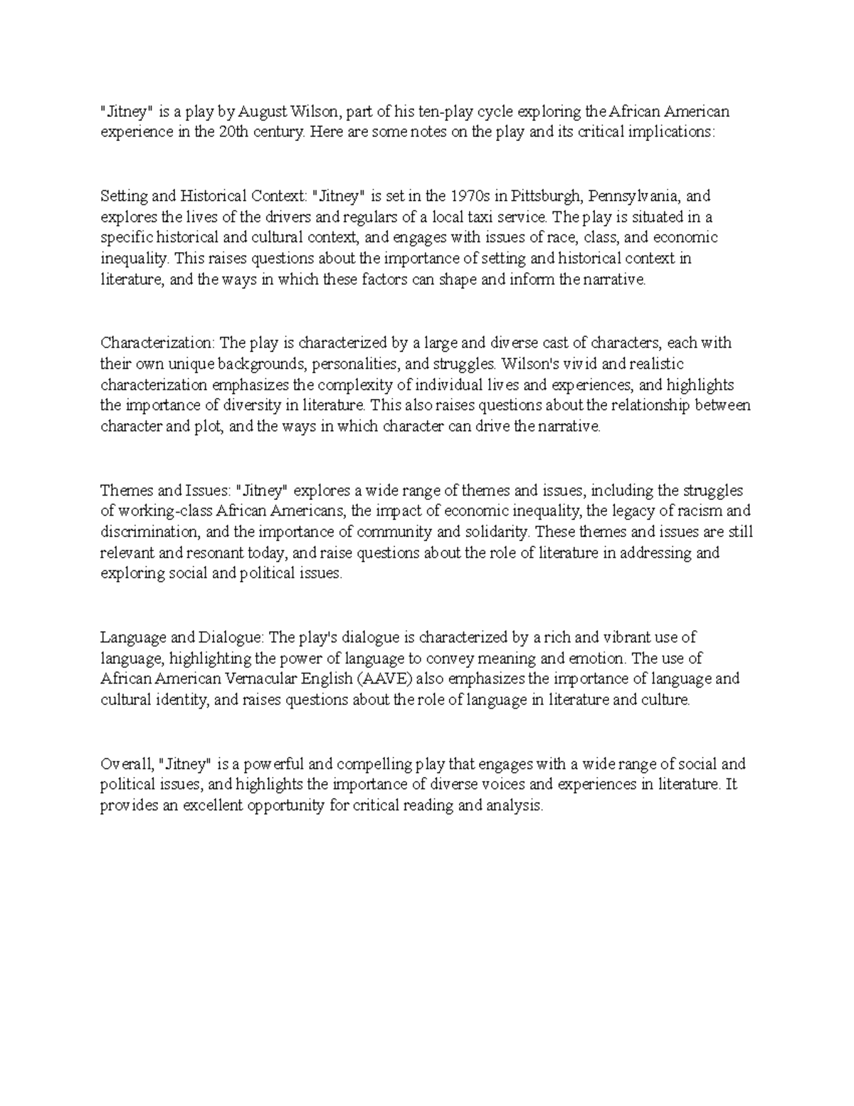 CR5 - notes on Jitney play in critical reading - "Jitney" is a play by ...