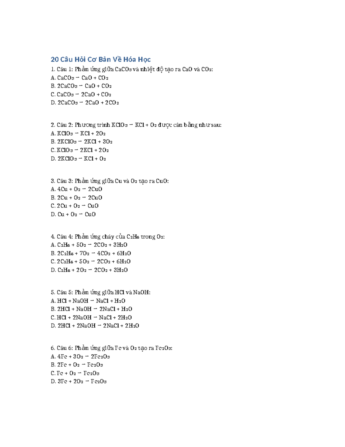Cau Hoi Hoa Hoc Co Ban - bài tập - 20 Câu Hỏi Cơ Bản Về Hóa Học Câu 1: Ph ản ứng gi ữa CaCO ₃ và ...