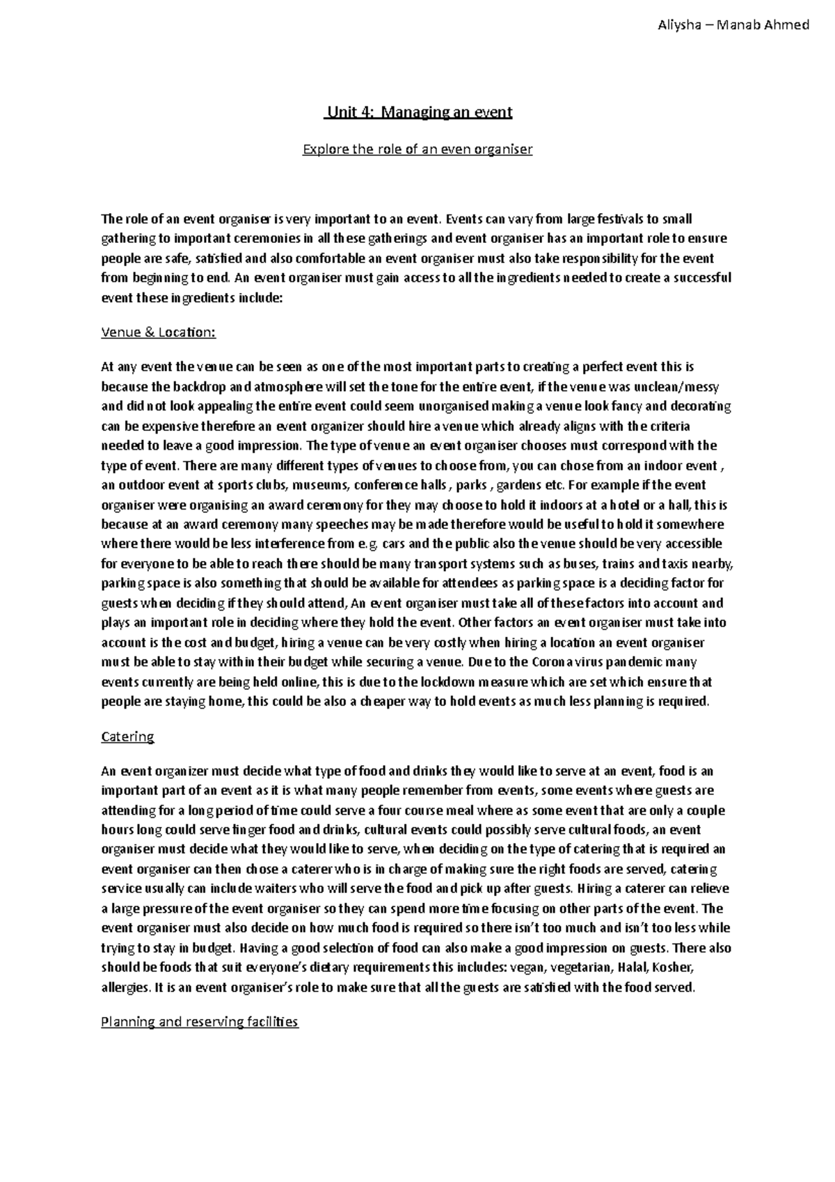 Unit 4- Assingment 1 managing and event - Unit 4: Managing an event ...