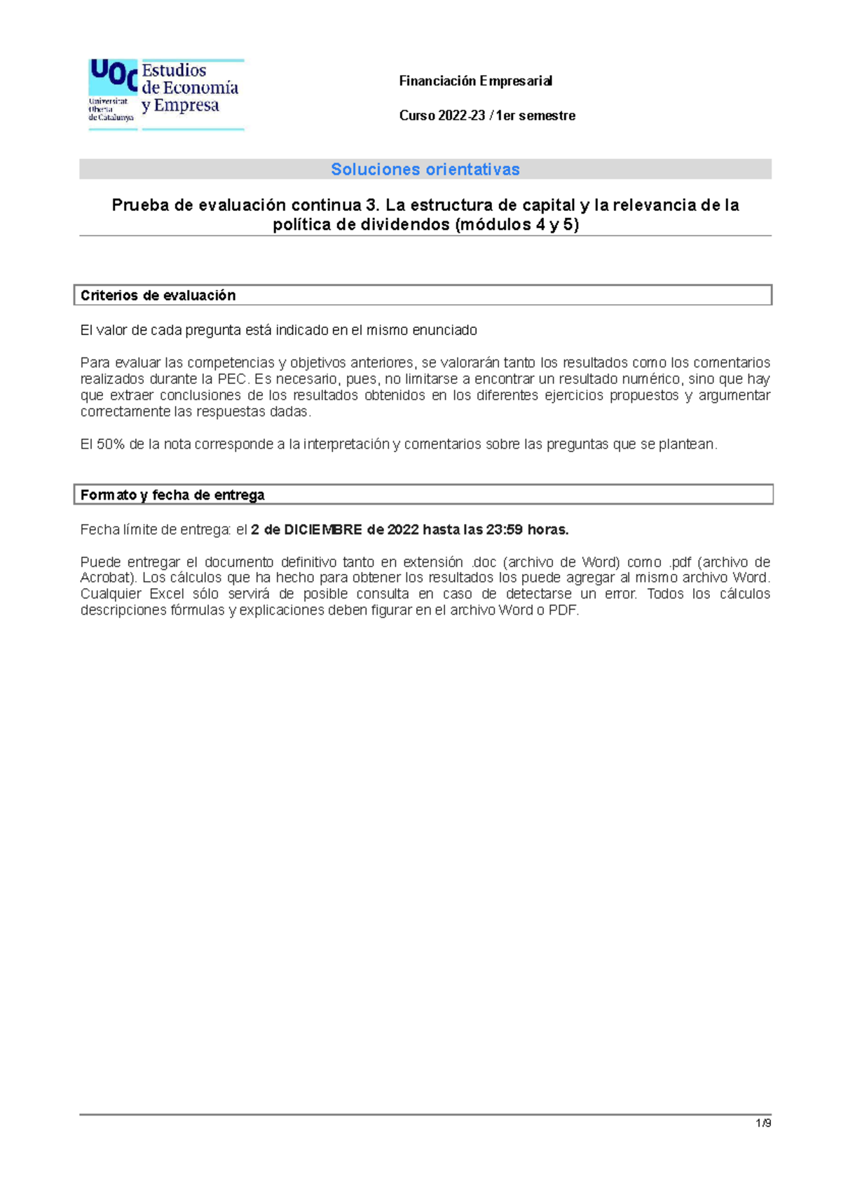 Financiacion Empresarial 71525 sol PEC 3 2022 1 - Financiación Empresarial Curso 2022-23 / 1er ...